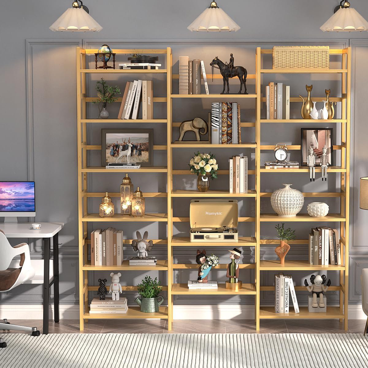 Acoloy Bamboo Triple Wide Shallow Bookshelves and Bookcases, 6-Tier 6ft ...