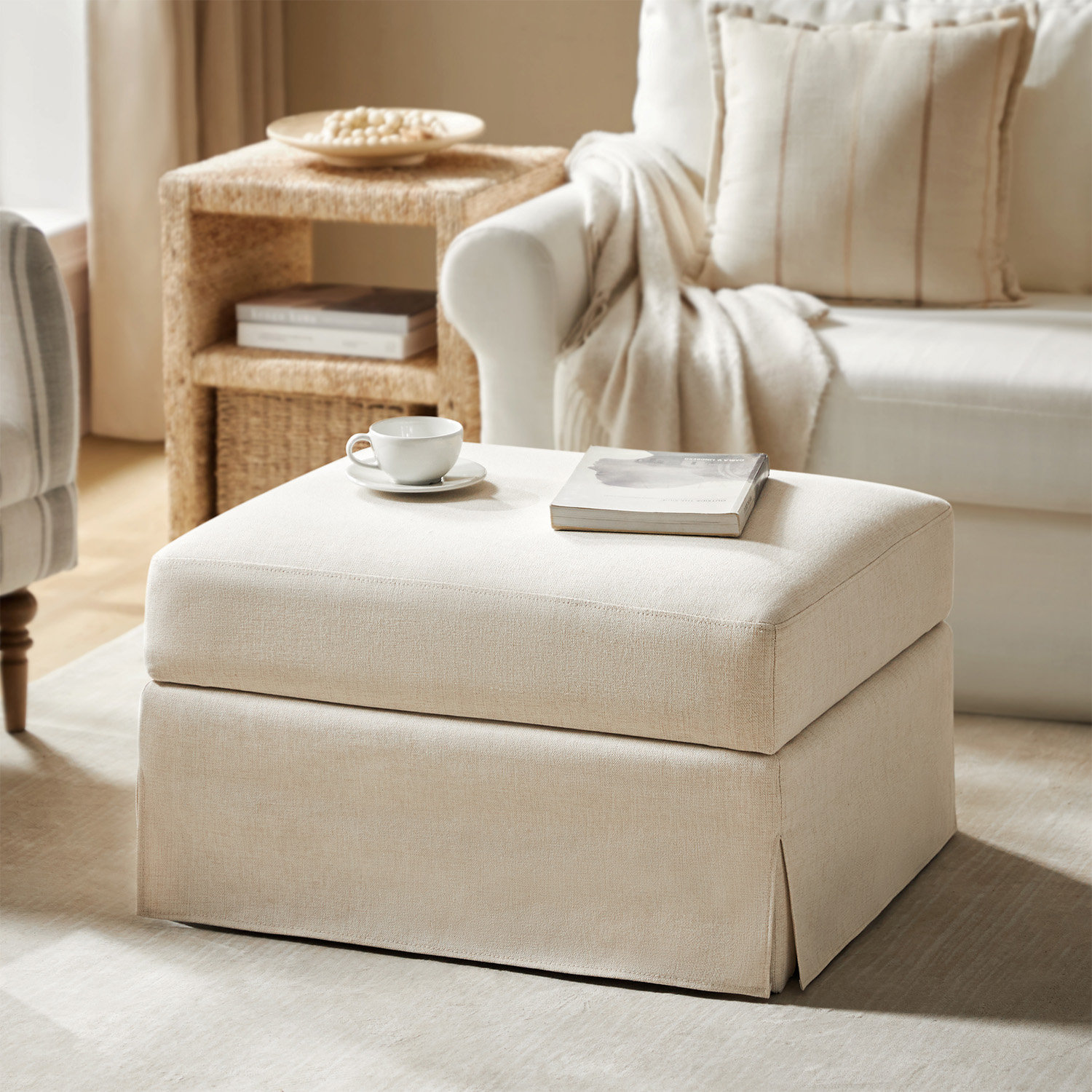 Latitude Run® Kimberley Farmhouse 30'' W Upholstered Slipcover Ottoman with Storage and Flip-Top ...