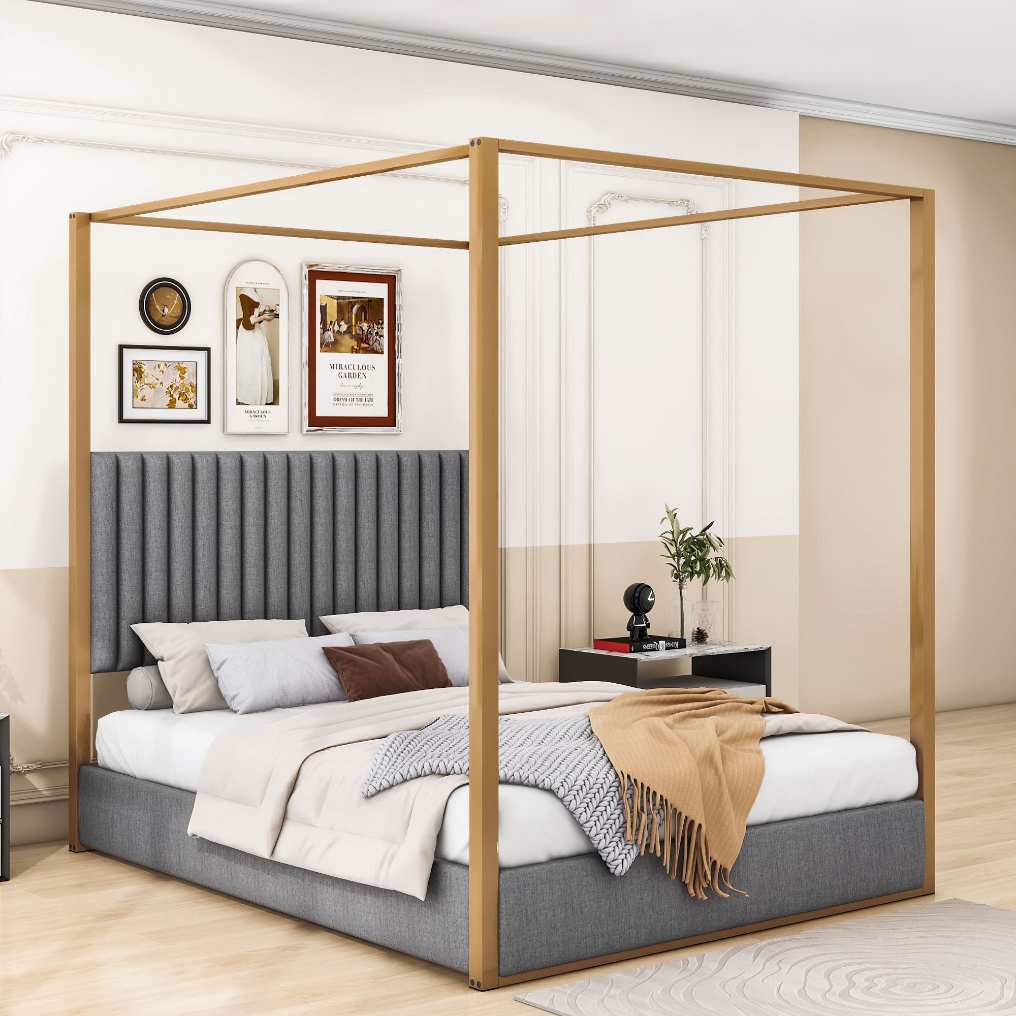 Everly Quinn Sarilyn Queen Size Linen Upholstery Canopy Bed with ...