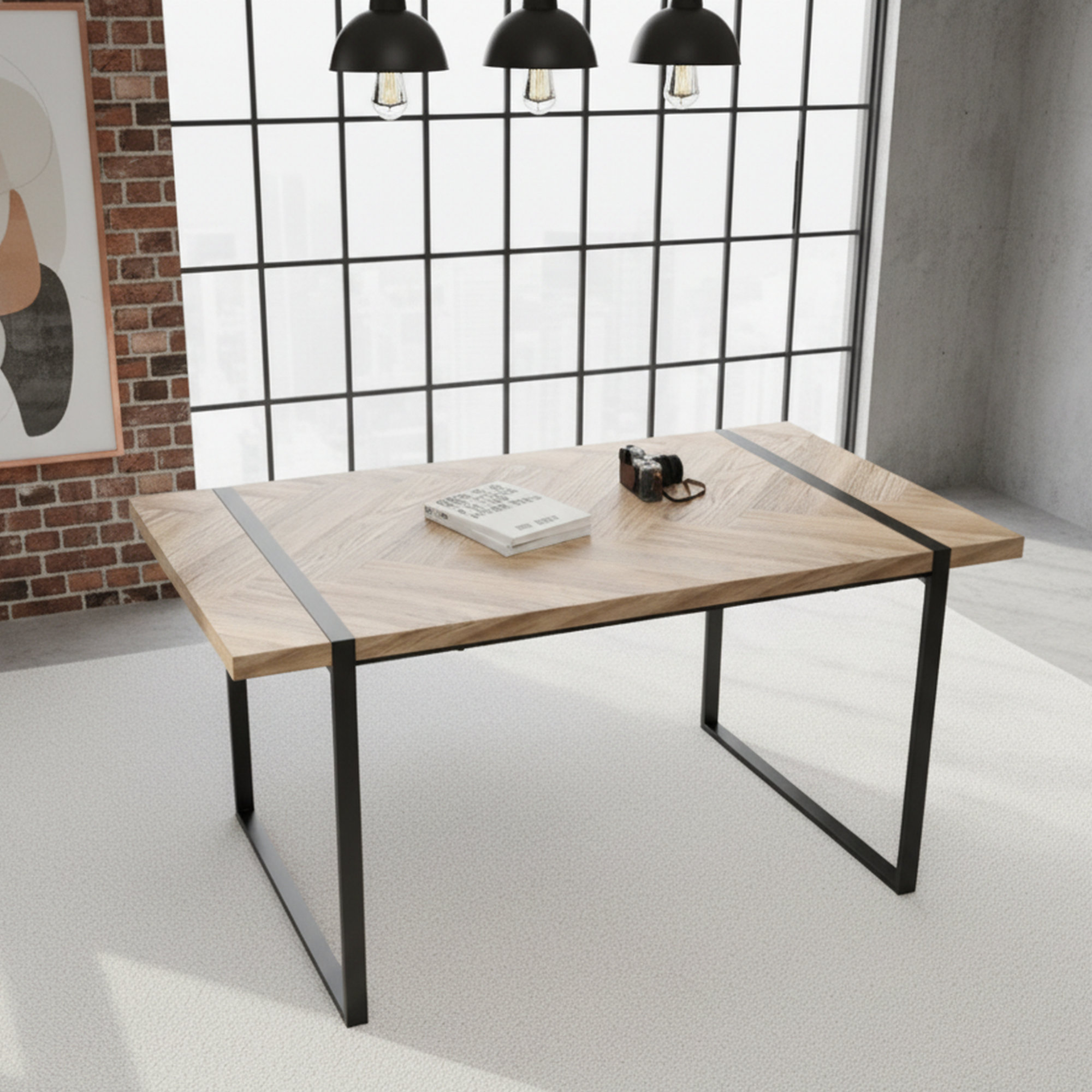 Latitude Run® Modern Industrial 59" Rectangular Dining Table With Black ...