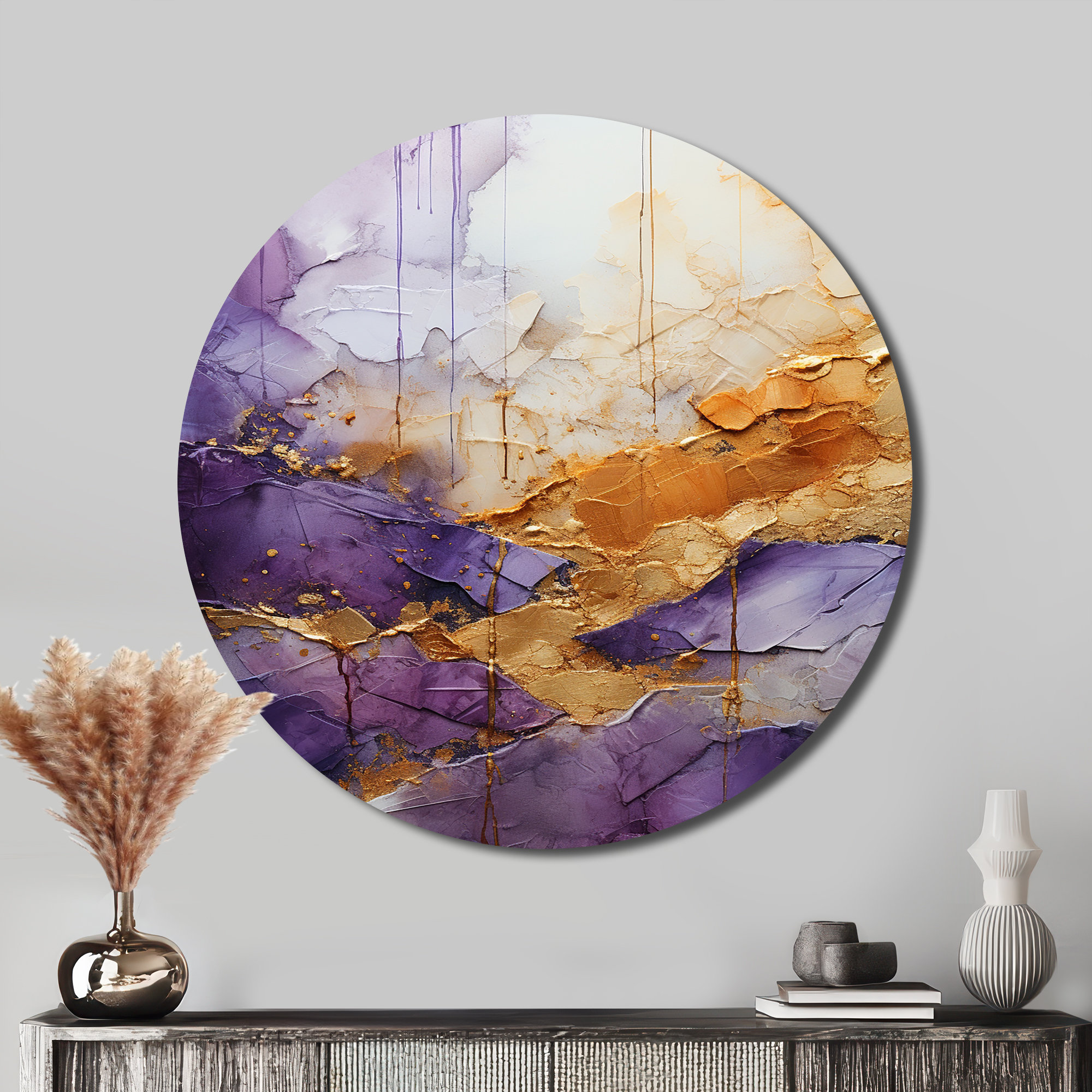 Ivy Bronx Gold Purple Abstract Fractal I - Abstract Round Metal Art ...