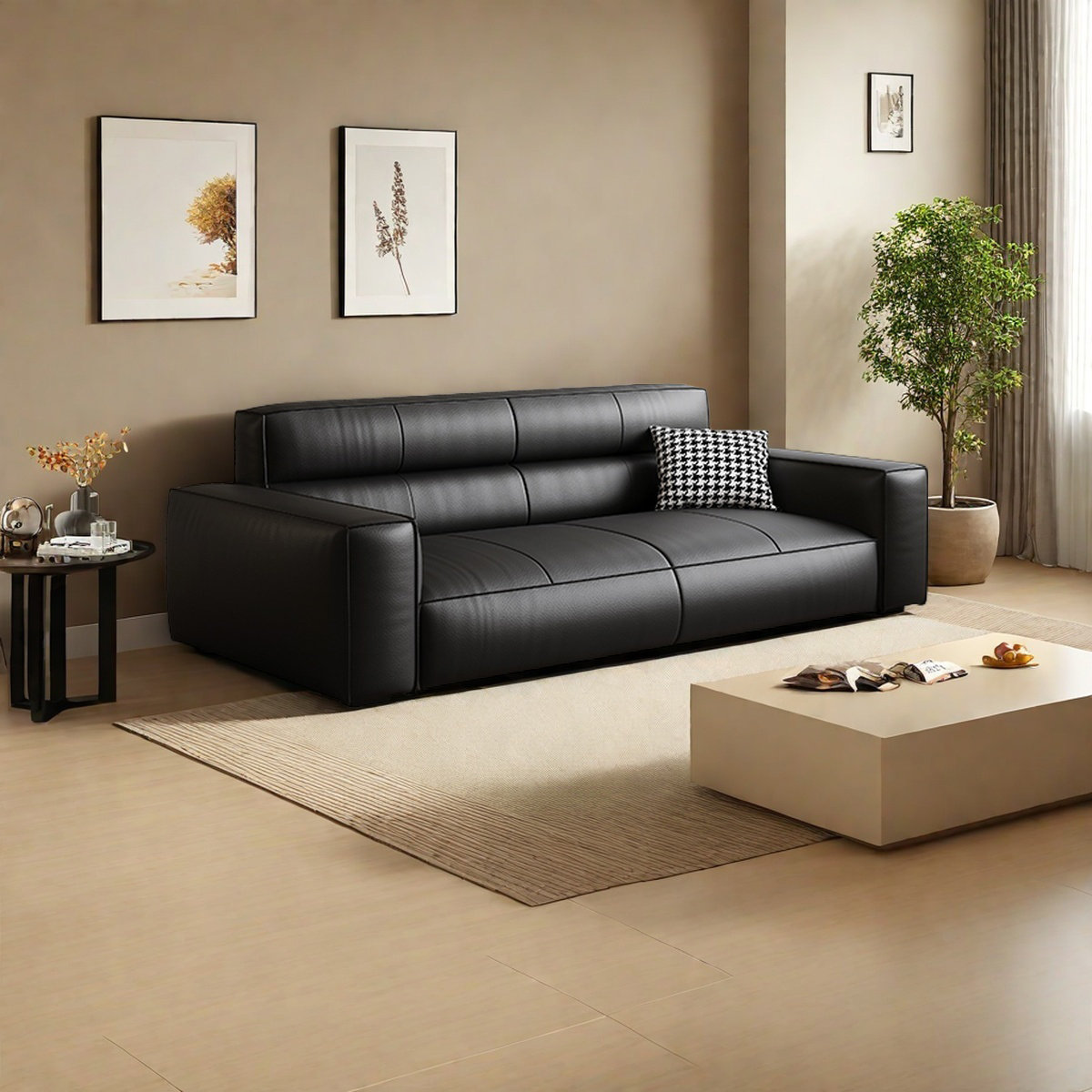 Merting Minimalist Leather Sofa Living Room Straight Line | Wayfair