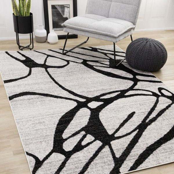 Ivy Bronx Brue Modern Swirls Grey Black Indoor Area Rug | Wayfair