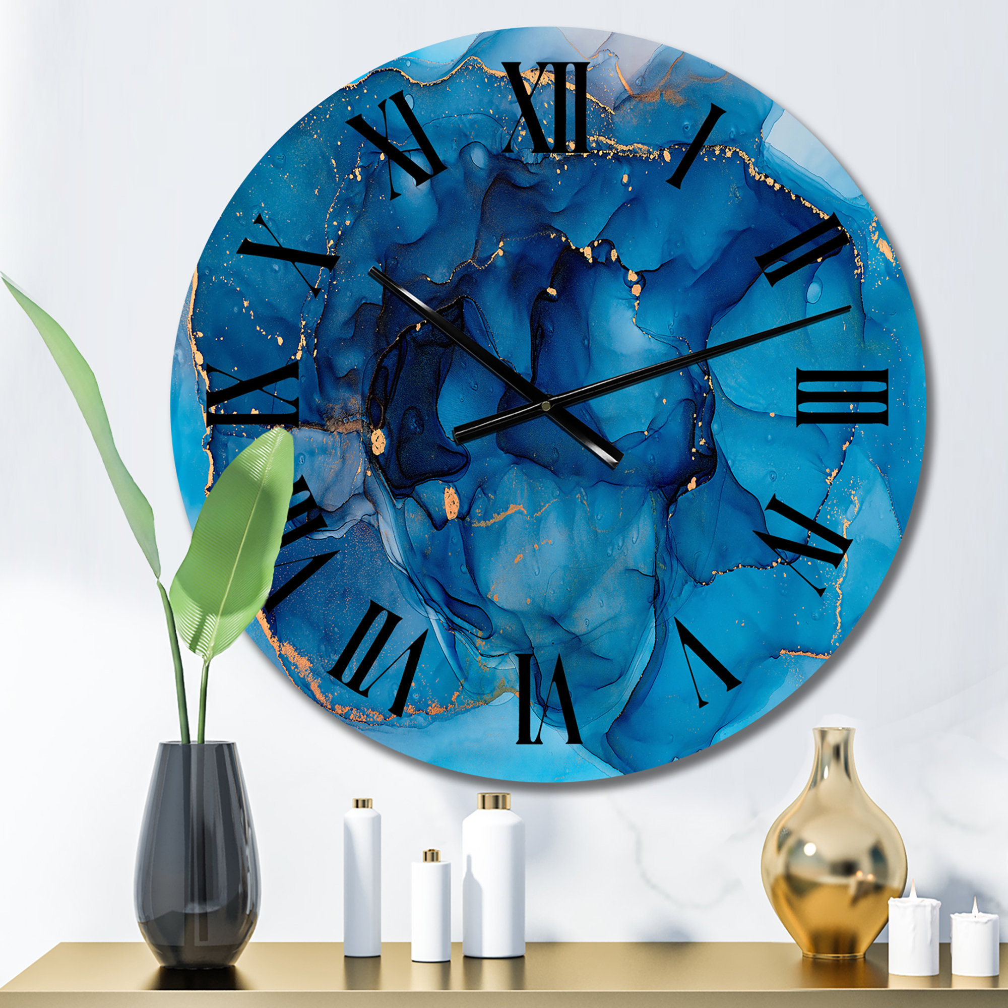 East Urban Home Blue Luxury Abstract Fluid Art VIII - Modern Wall Clock ...
