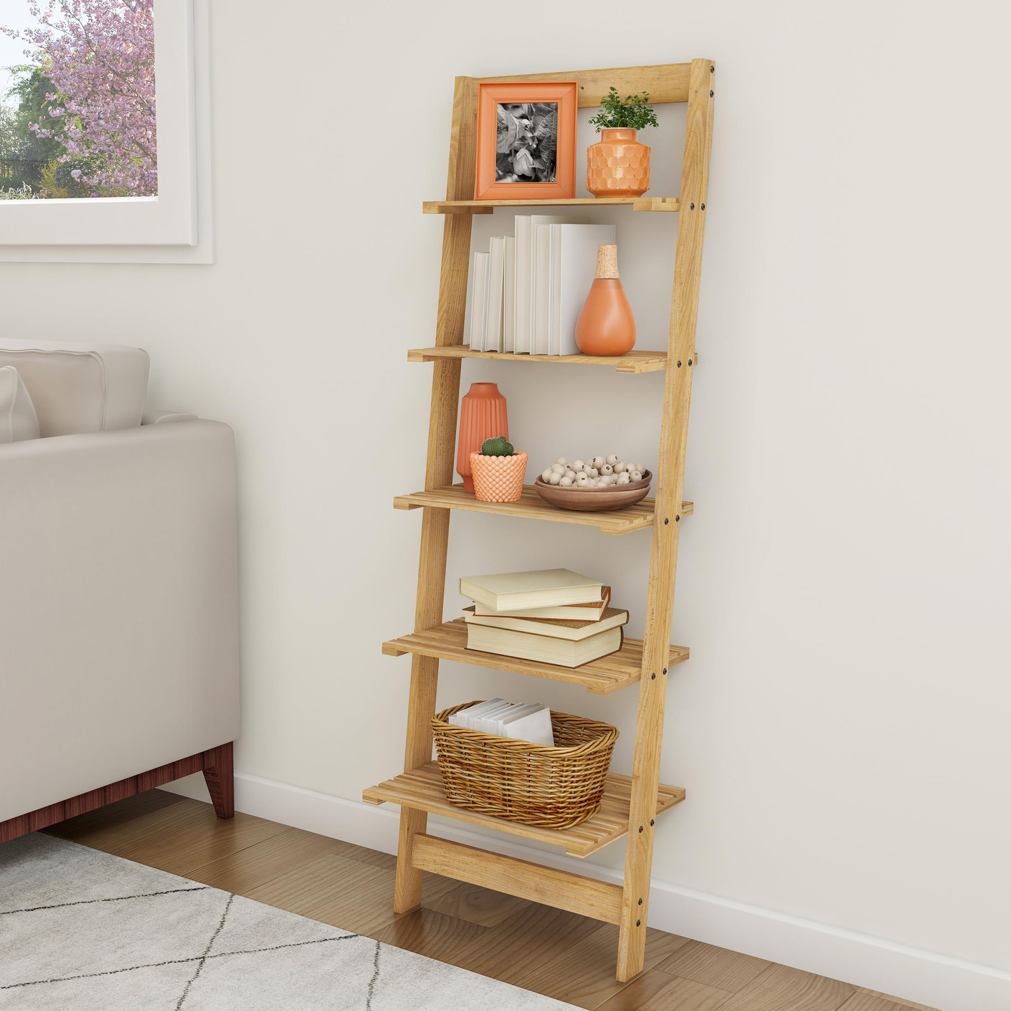 Lavish Home 5-Tier Ladder Shelf - Wooden Narrow Leaning Bookshelf for ...