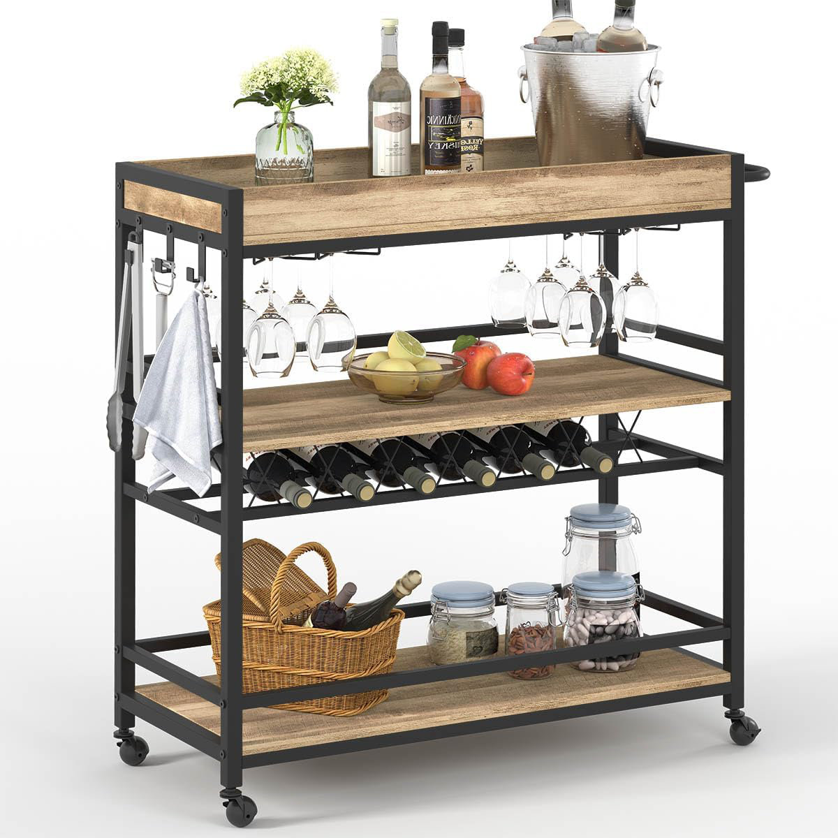 17 Stories Bar Cart for The Home, Rolling Home Bar Serving Cart on Wheels, 3 Tier Liquor ...