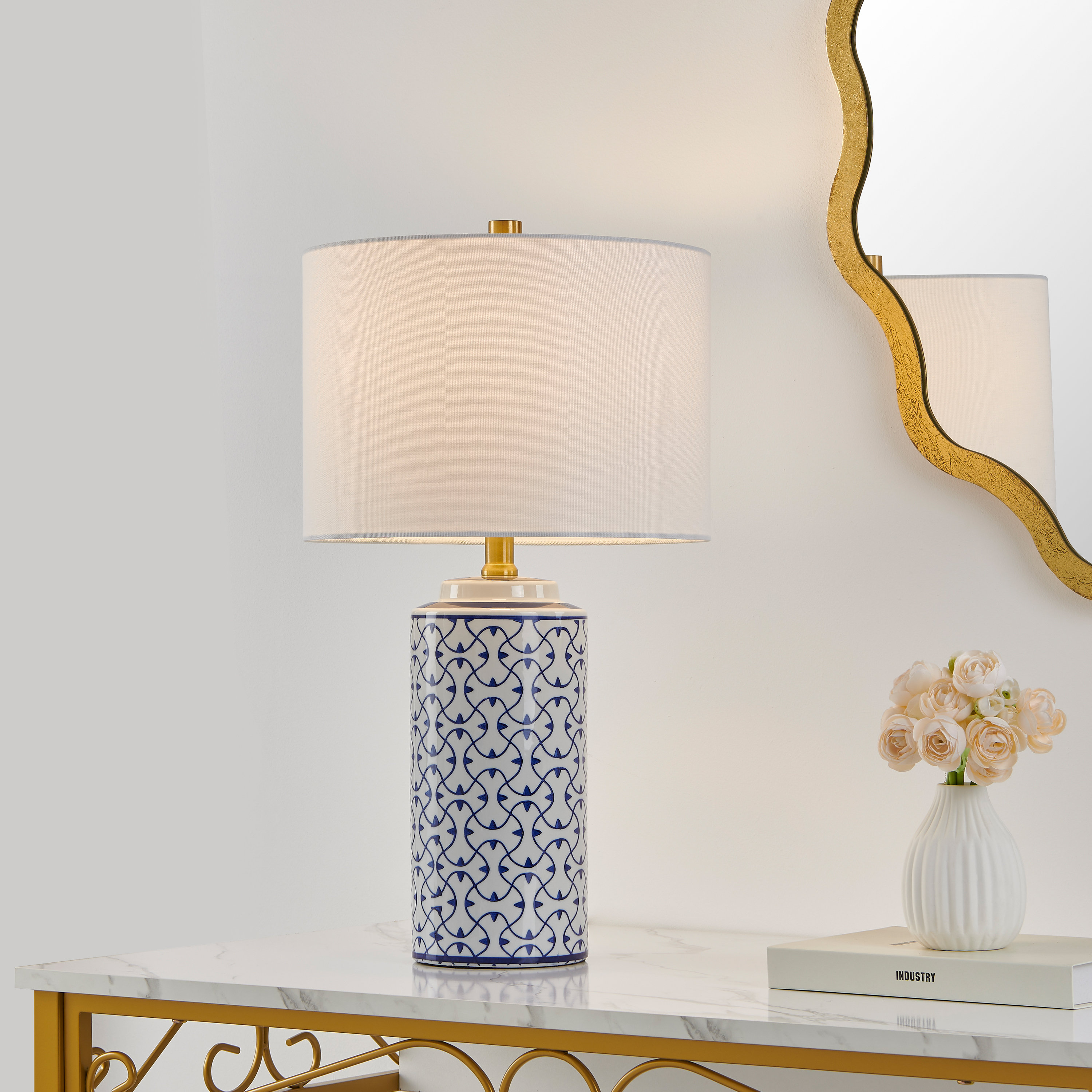 House of Hampton 21.75 Inch Blue Ceramic Table Lamp With White Drum ...