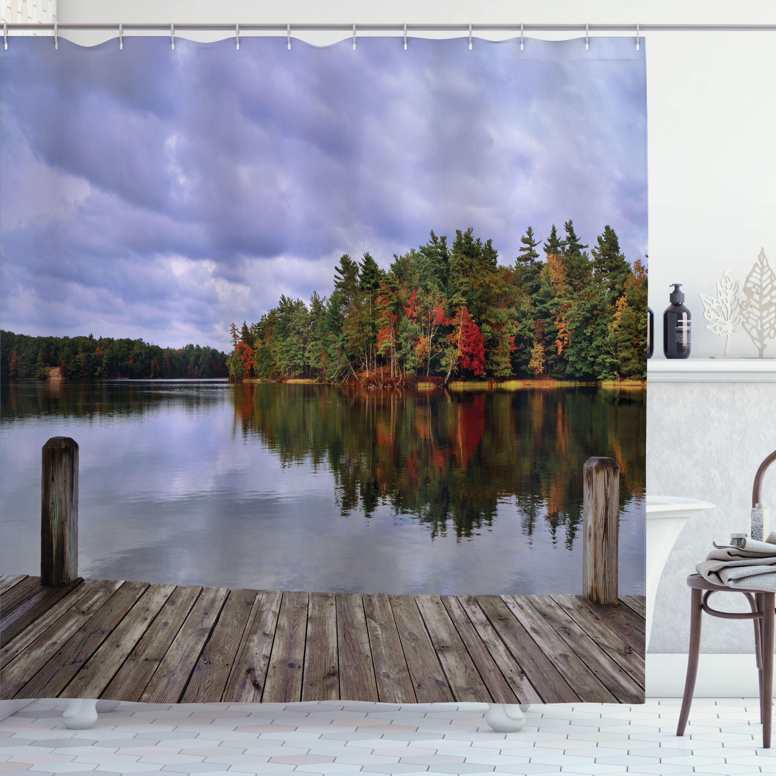 East Urban Home Lake Shower Curtain Wooden Dock Fall Splendor ...