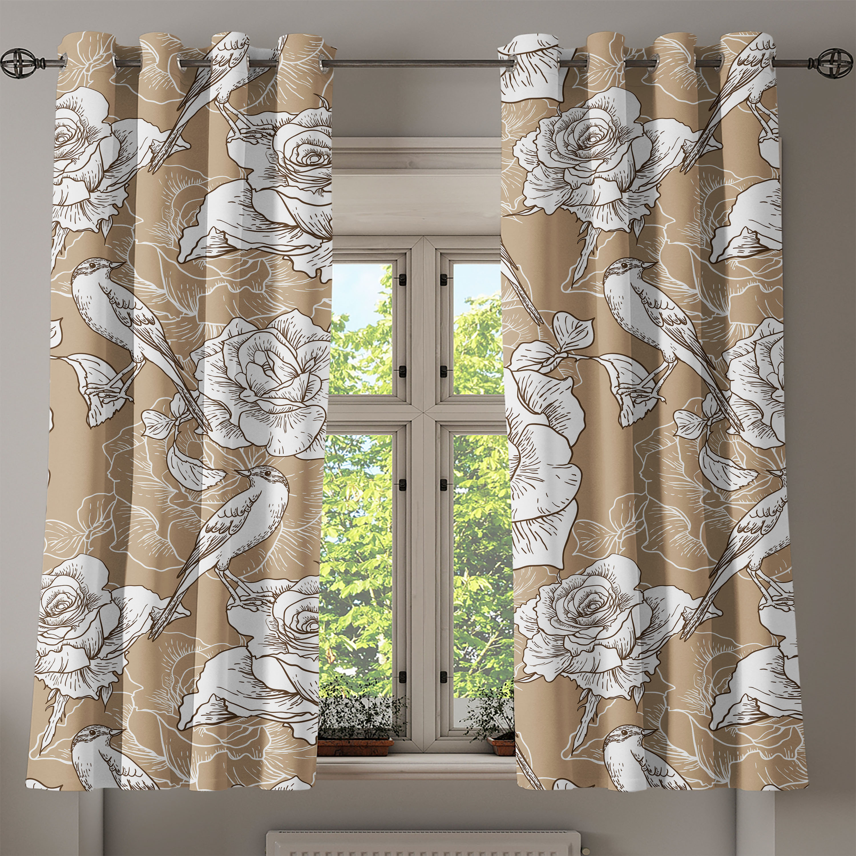 Astoria Grand Birds and Roses Grommet Curtain Art Bitonal Flowers Dark ...