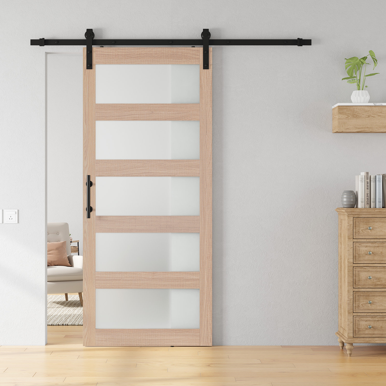 LDB_BUILDING 84" Frosted Glass and Manufactured Paneled Wood Barn Door ...