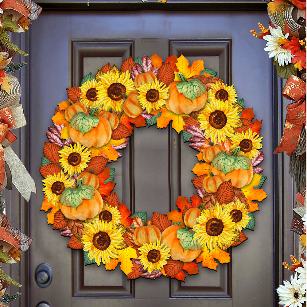The Holiday Aisle® Flower Fall Wreath Hanging Figurine Wood Door Hanger ...