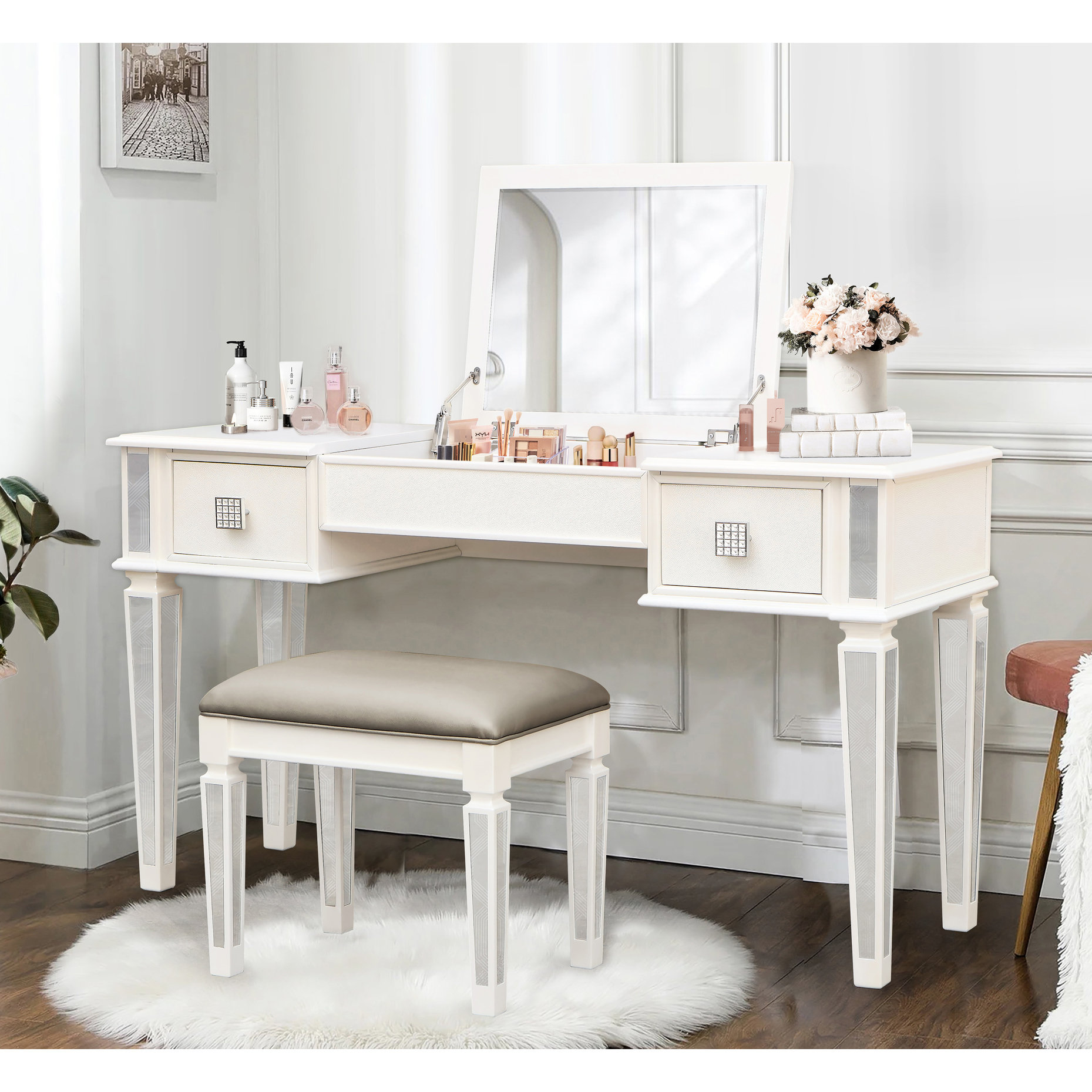 One Allium Way® Modern Bedroom Vanity Desk - Mirrored Makeup Table With ...