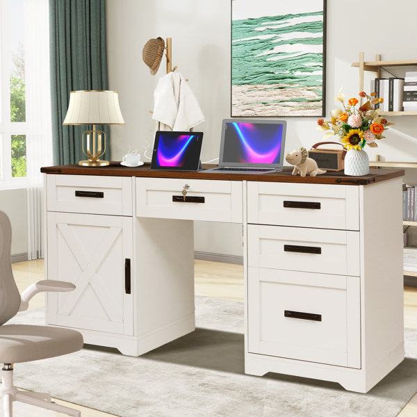 Gracie Oaks 60" Farmhouse Executive Desk with Drawers, Wood Home Office ...