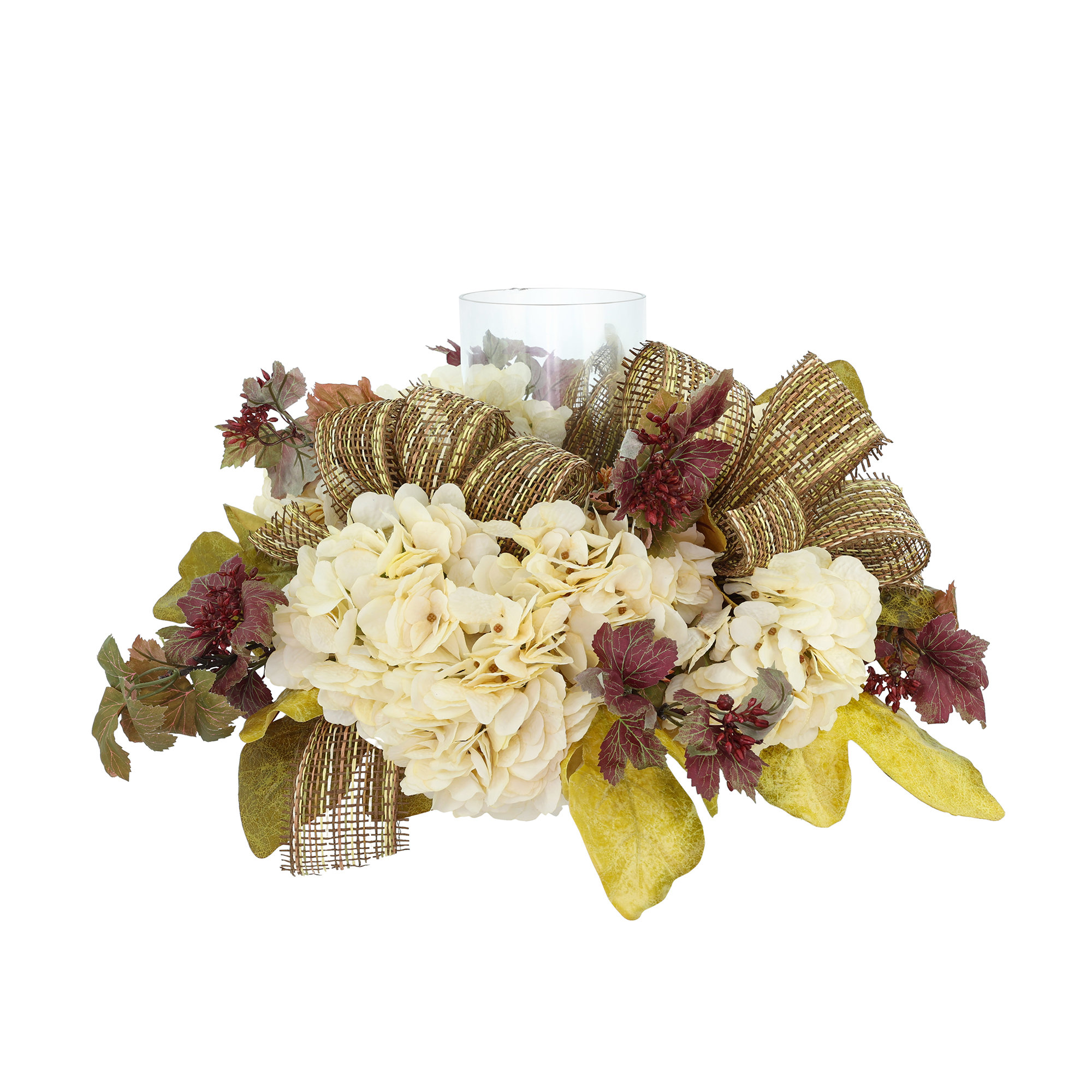 Primrue Fall Candleholder Centerpiece with Hydrangeas, Ivy and Bows ...