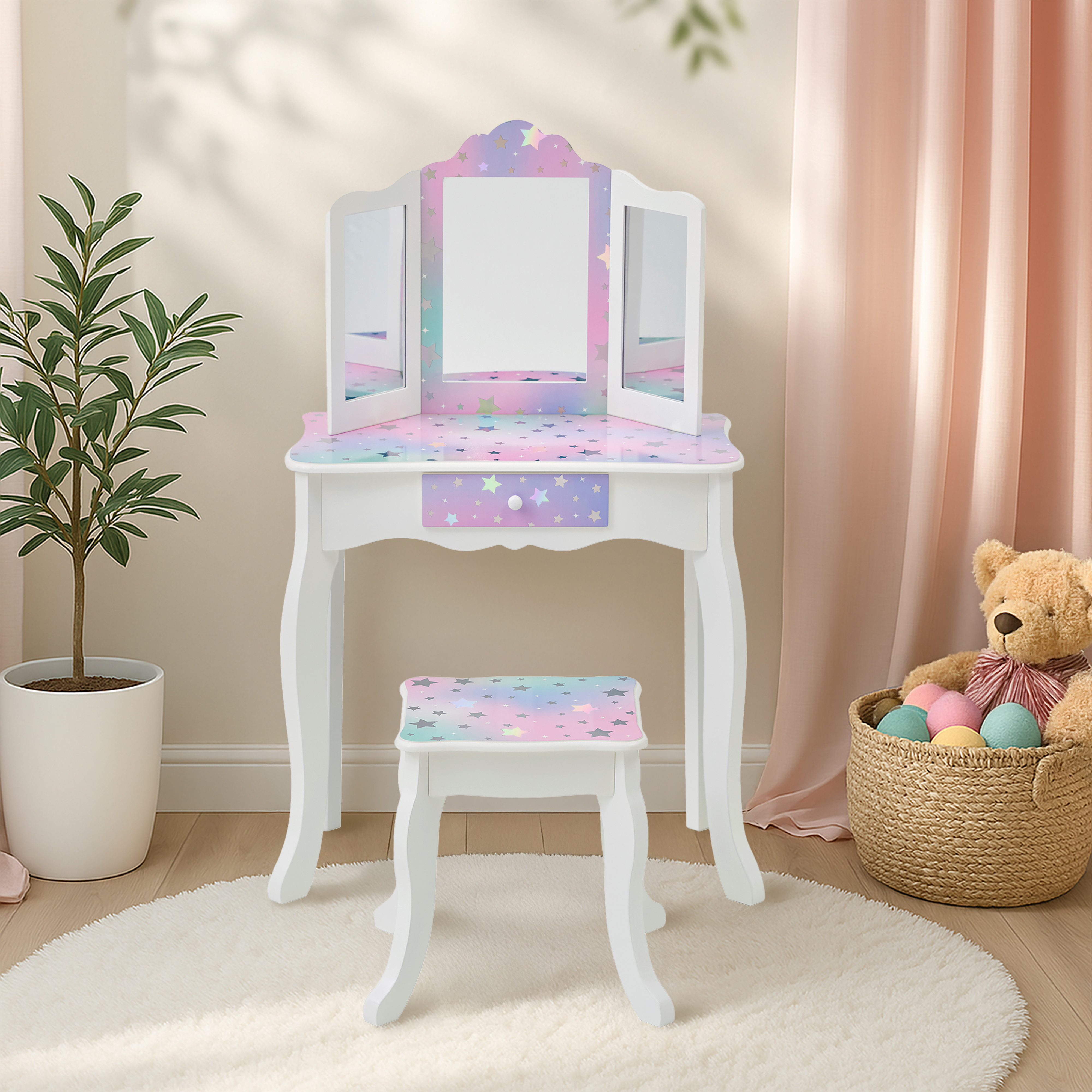 Teamson Kids Starry 2-pc Sky Print Wooden Vanity Set with Matching ...