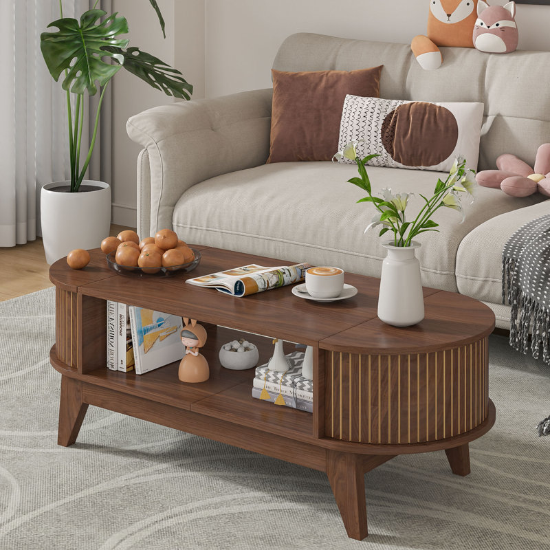 George Oliver 46.45" Oval Shaped Coffee Table With Storage, Fluted ...