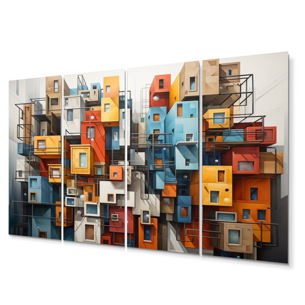 DesignArt Cityscape Bluiding Geometric Collage I On Metal 4 Pieces ...