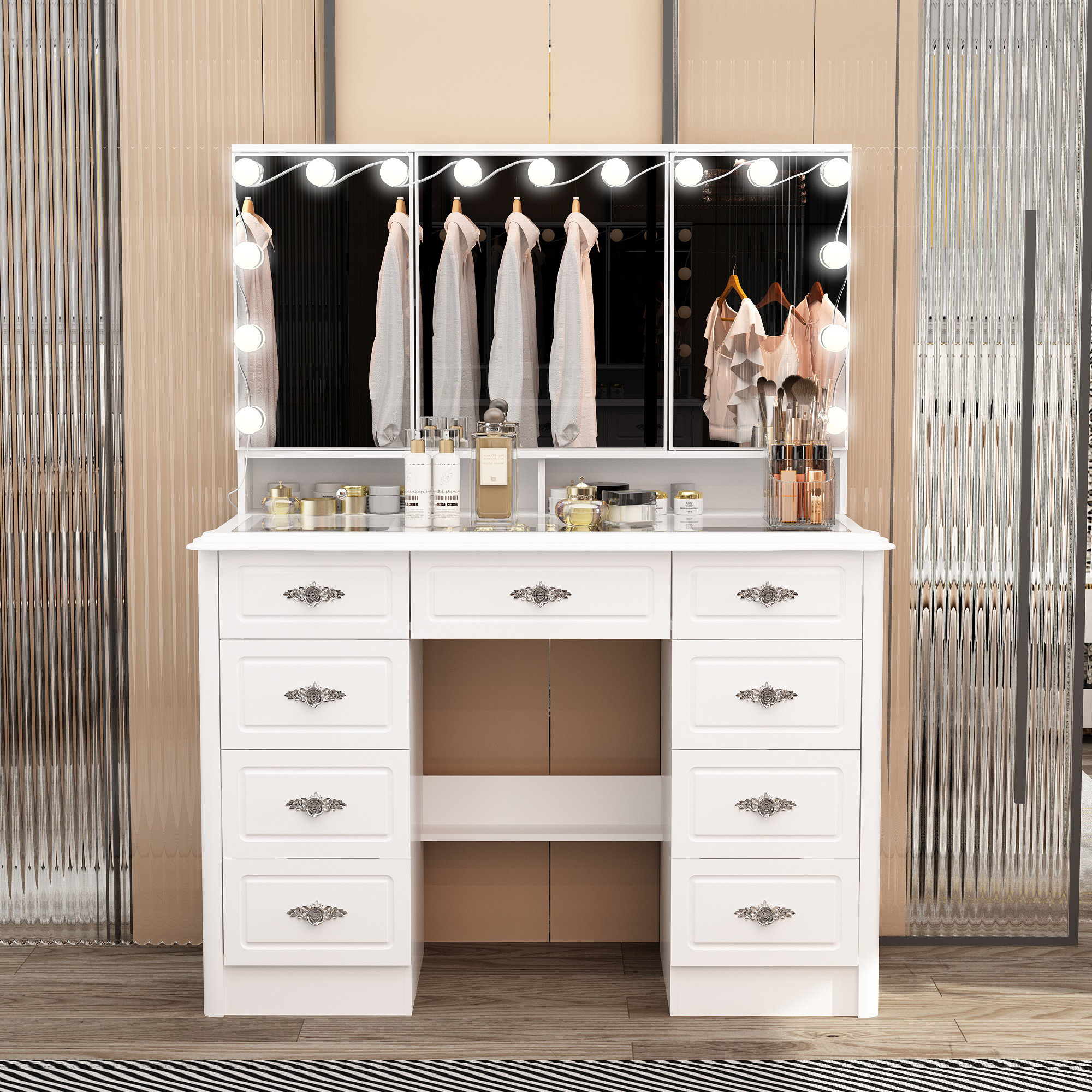 Lark Manor™ Tri-Fold Mirror 9 Drawer Vanity Table With Glass Top & 15 ...