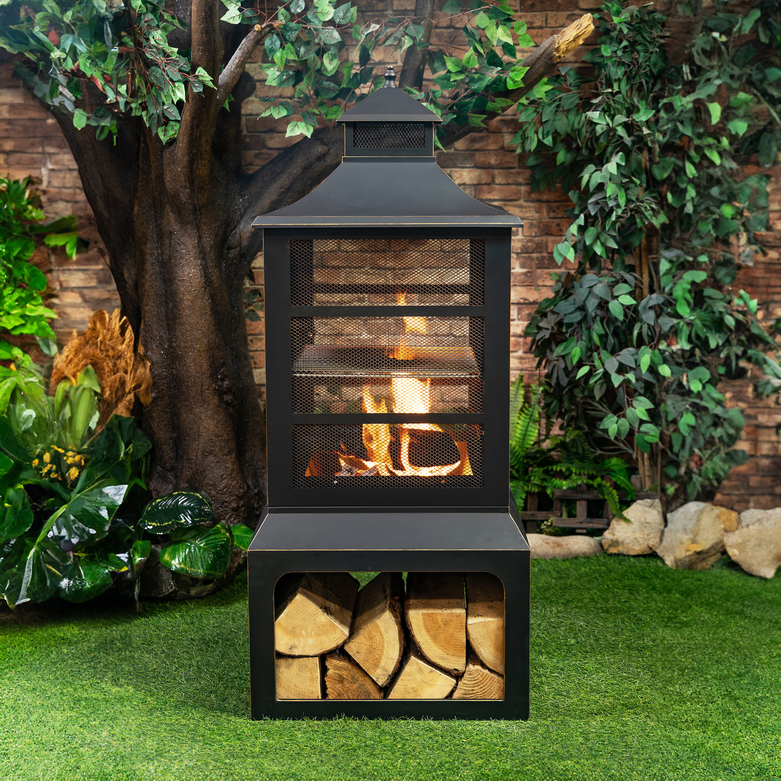 Deko Living 26" Square Outdoor Steel Wood Burning Fireplace with Cast ...