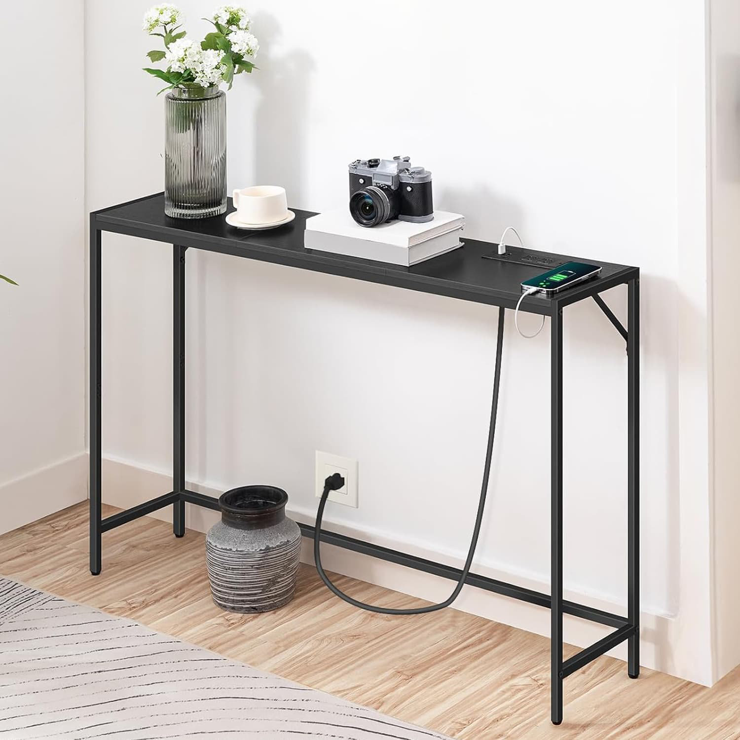 17 Stories Narrow sofa side table with power socket, suitable for ...