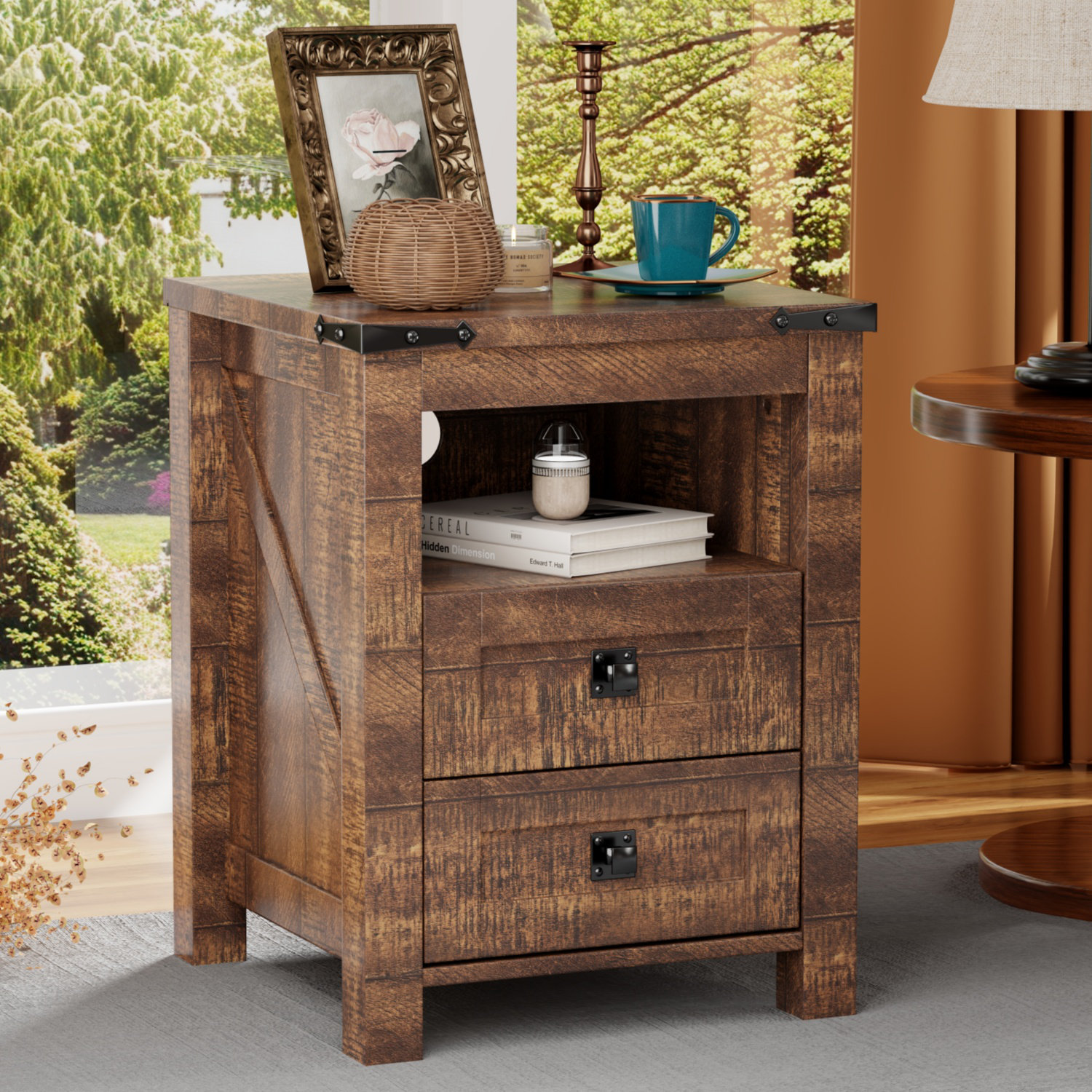Gracie Oaks Farmhouse End Table With 2 USB Ports, 2 Power Outlets ...