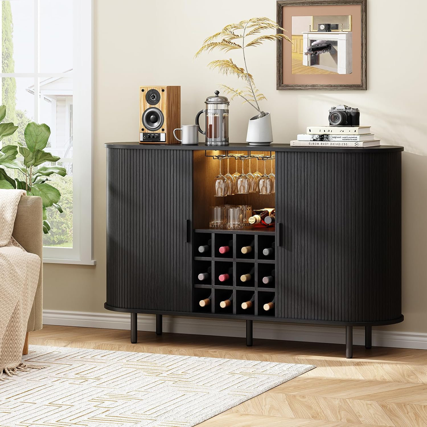 Latitude Run® 55" Wine Bar Cabinet with LED Light,Modern Liquor Whiskey ...