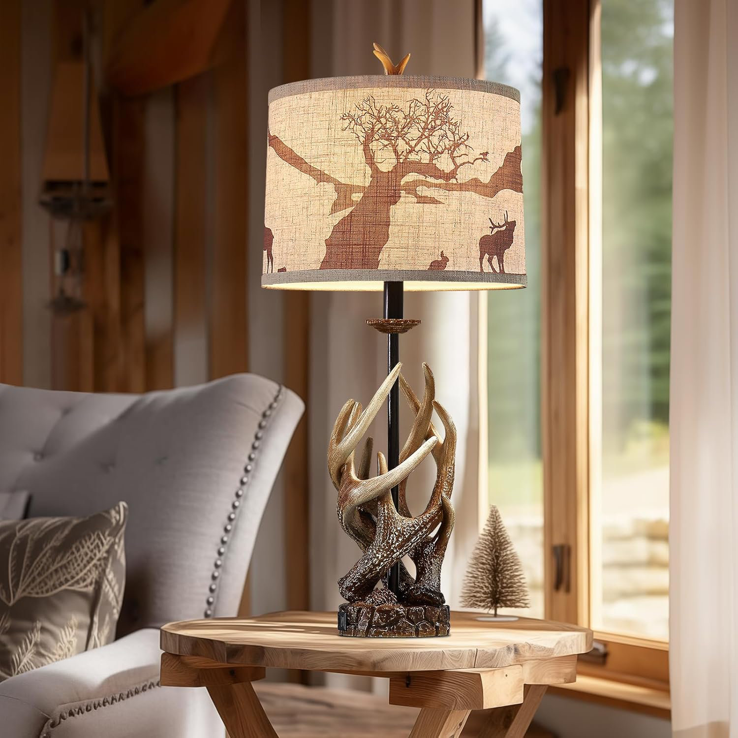 One Allium Way® Rustic Deer Antler Table Lamp For Living Room End ...