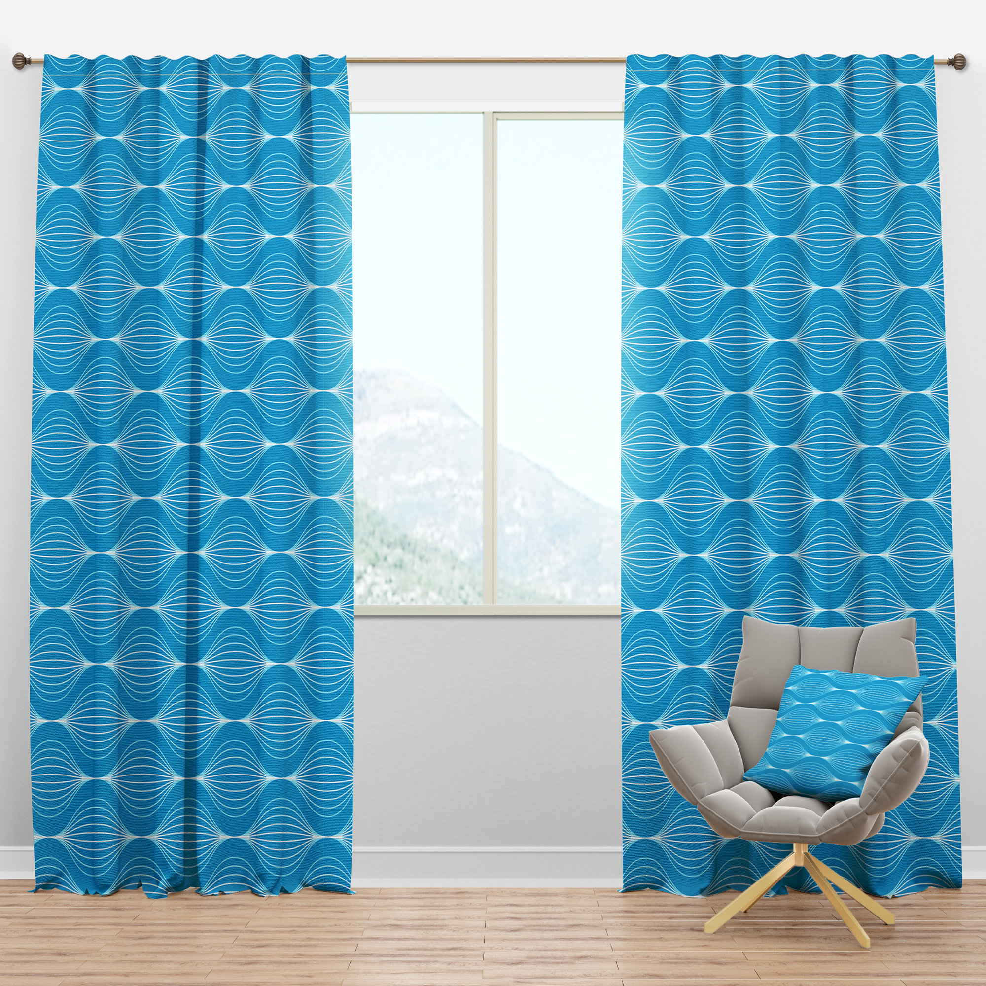 Design Art Light Blue Wave pattern - Mid-Century Velvet Curtain - Room ...