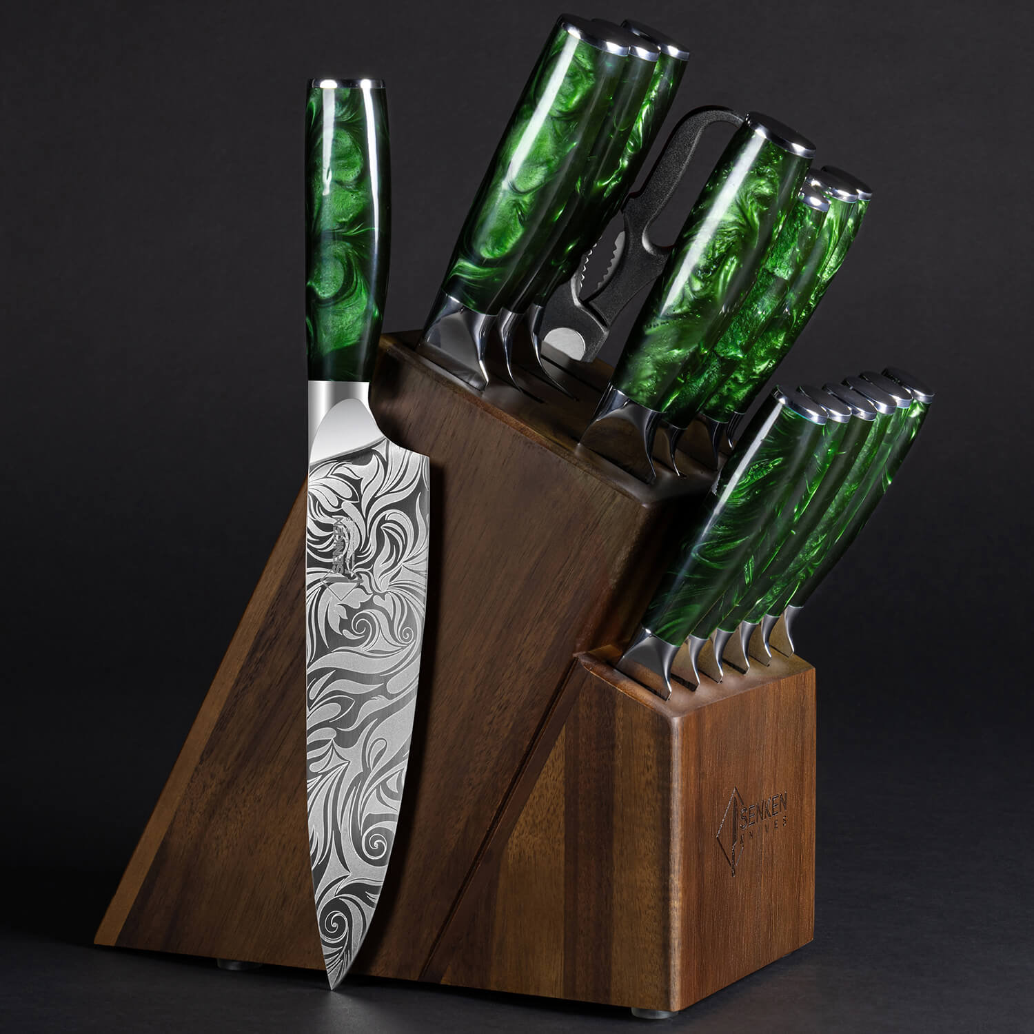 Senken Knives 16-Piece Engraved "Wasabi" Japanese Knife Block Set ...