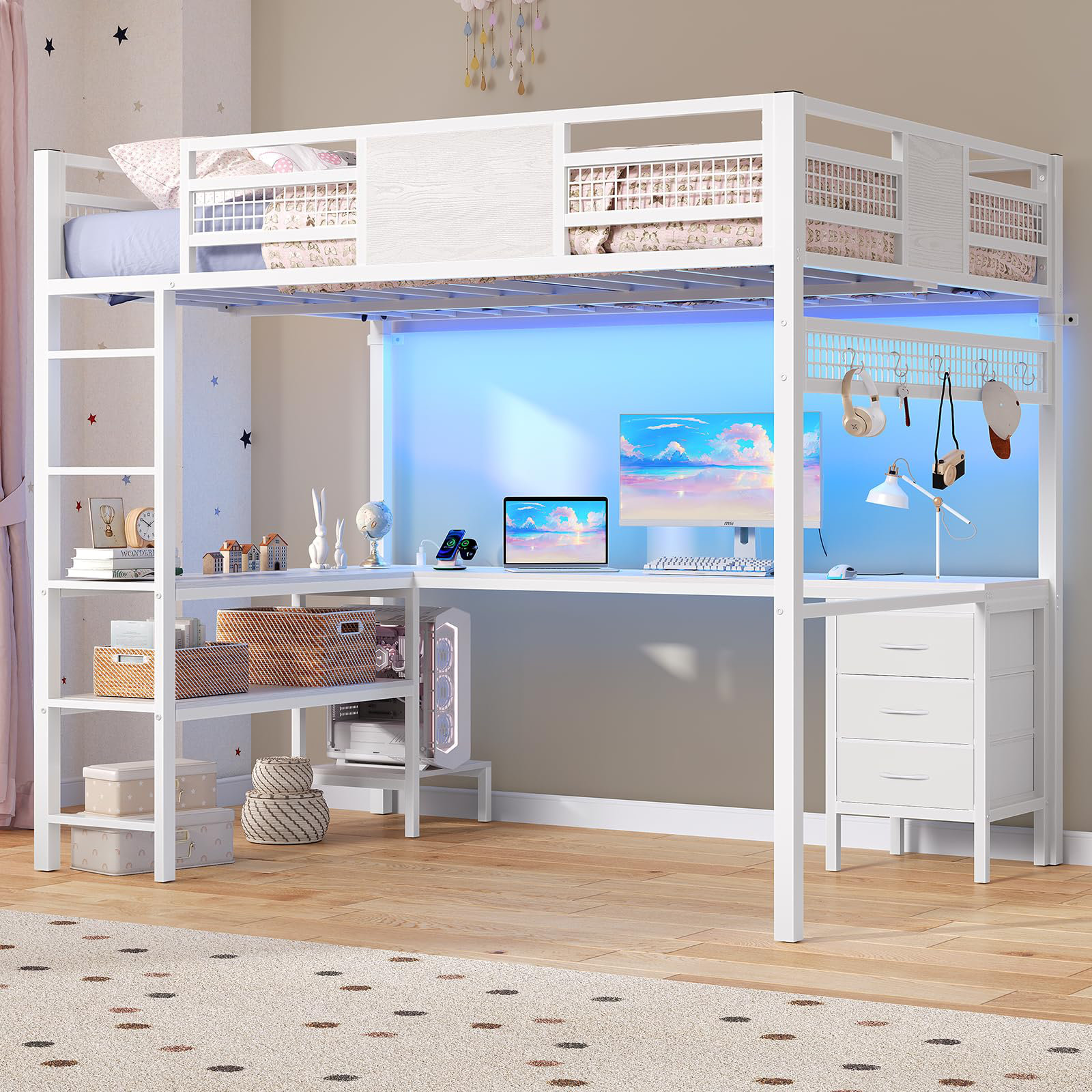 Mason & Marbles Loft Bed With L-shaped Desk, Bed Frame With Led Lights ...