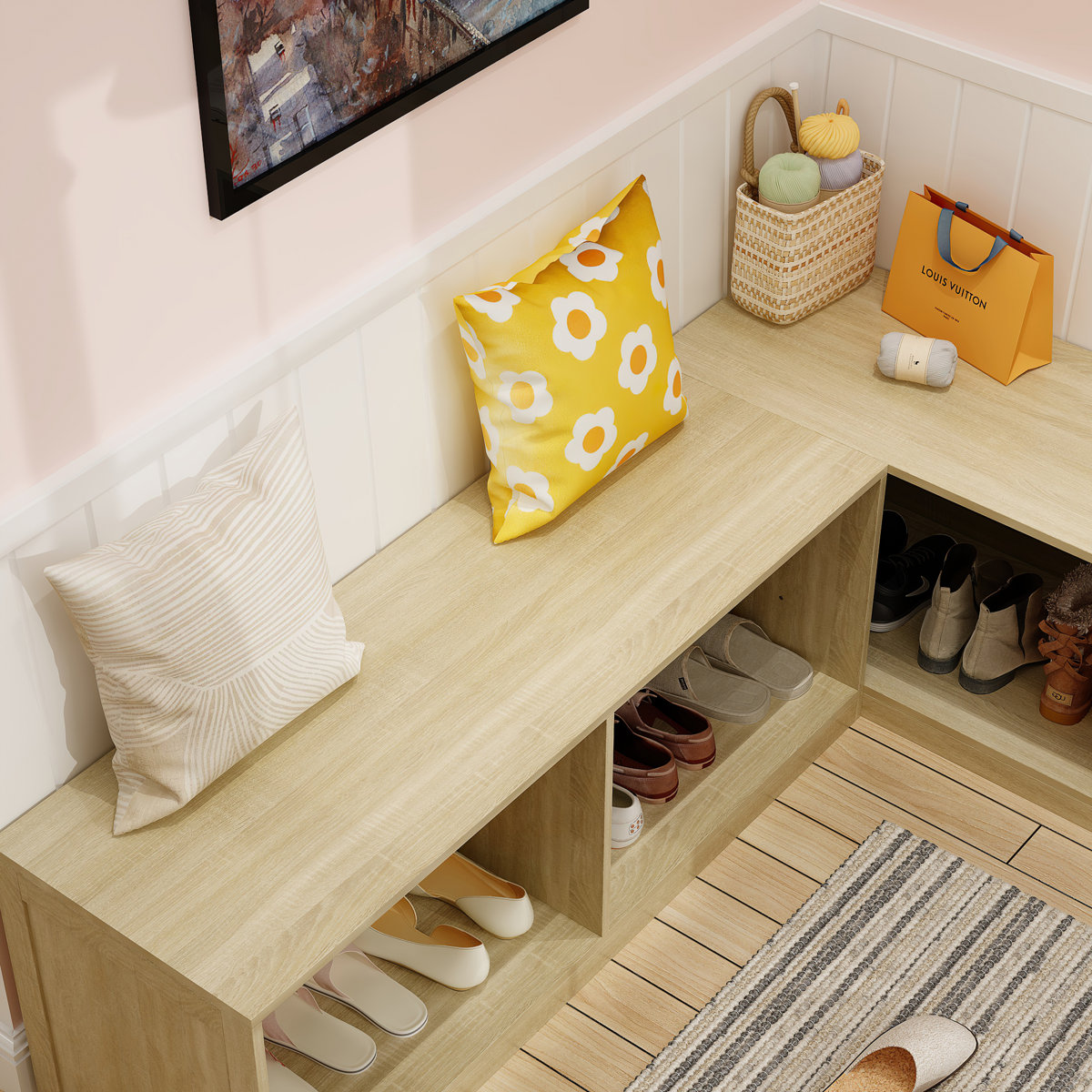 Rosalind Wheeler Corner Storage Bench With Shoe Rack | Wayfair