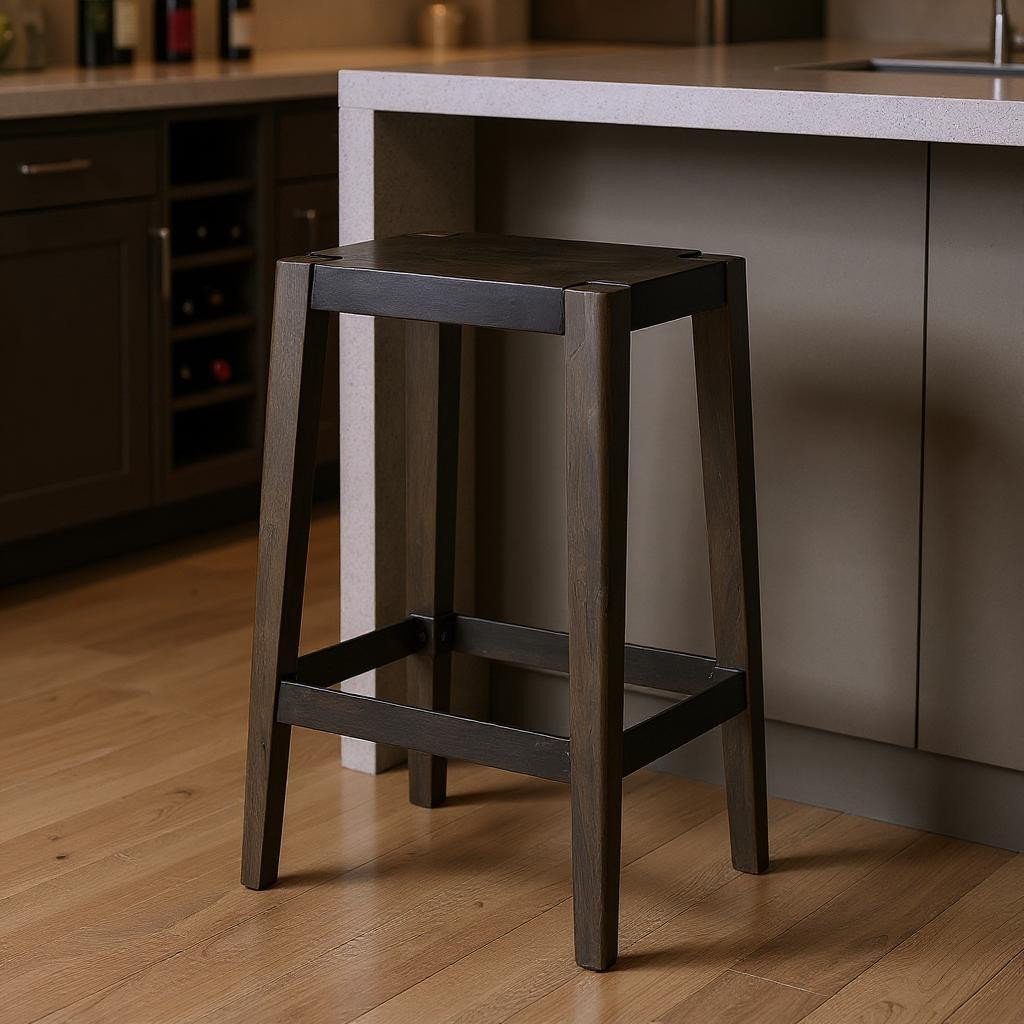 Ivy Bronx 30" Black Iron and Solid Wood Backless Bar Height Bar Chair ...