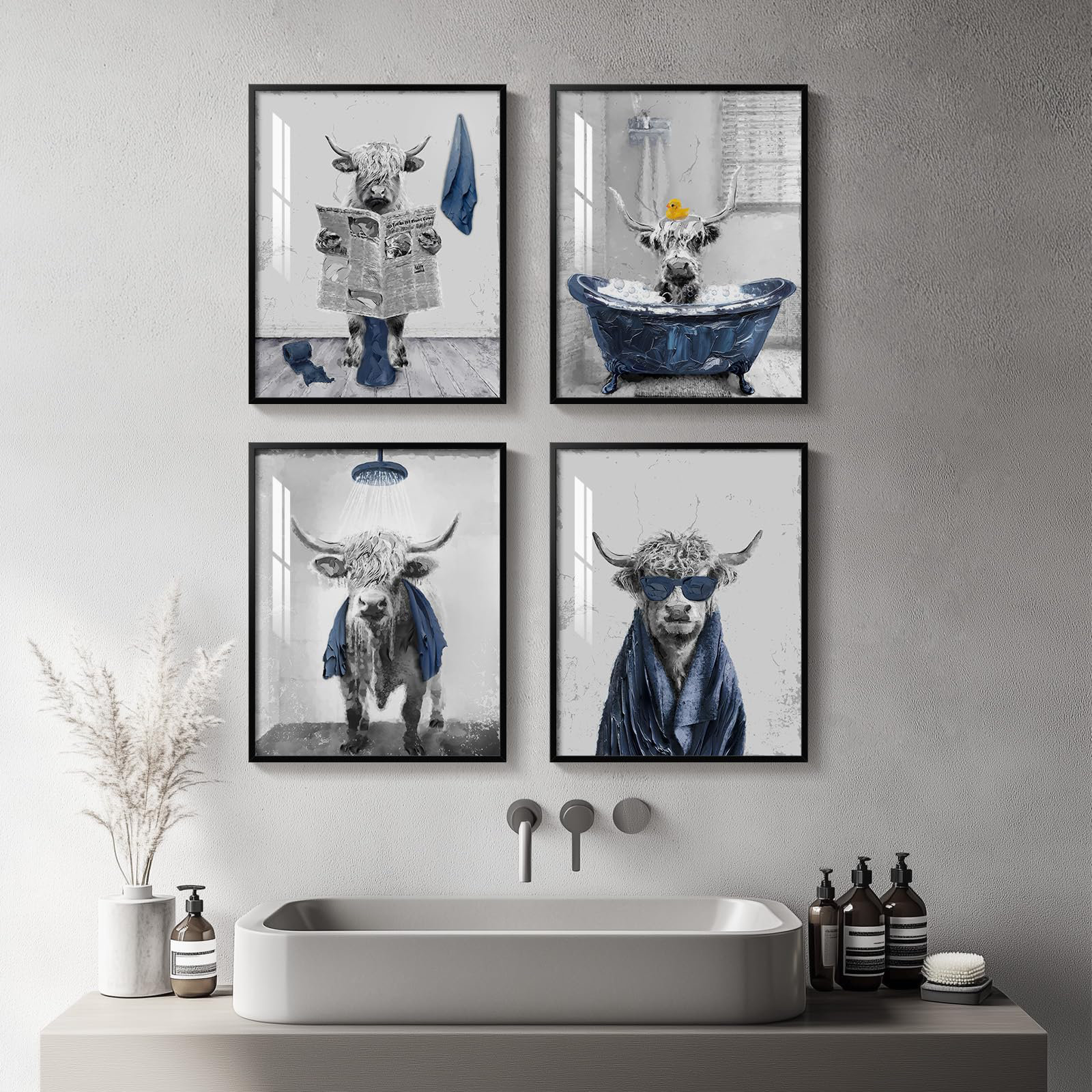 Trinx Framed Funny Highland Cow Wall Art For Bathroom Wall Decor, Set ...
