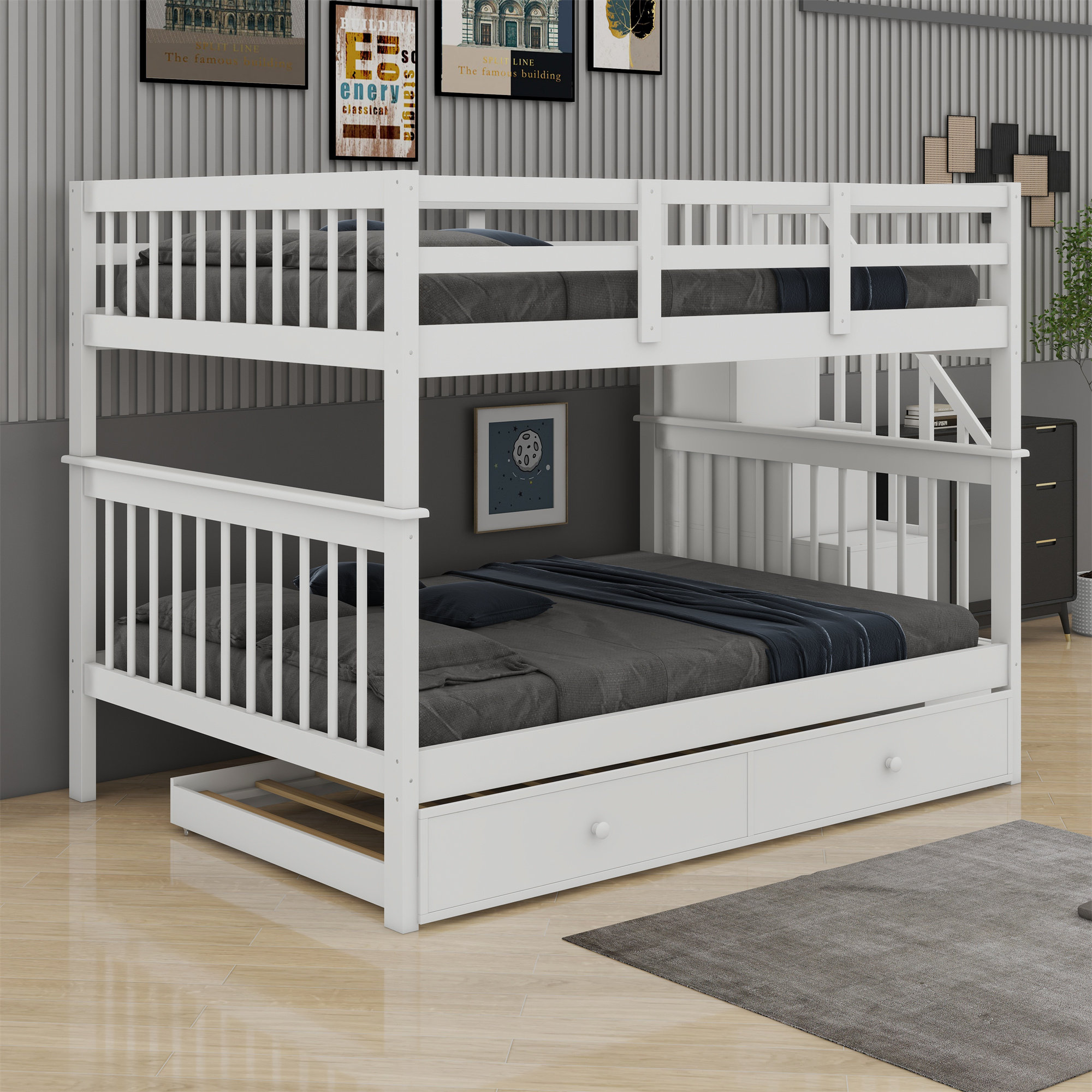 Harriet Bee Bunk Bed With Trundle, Stairway And Guard Rail | Wayfair