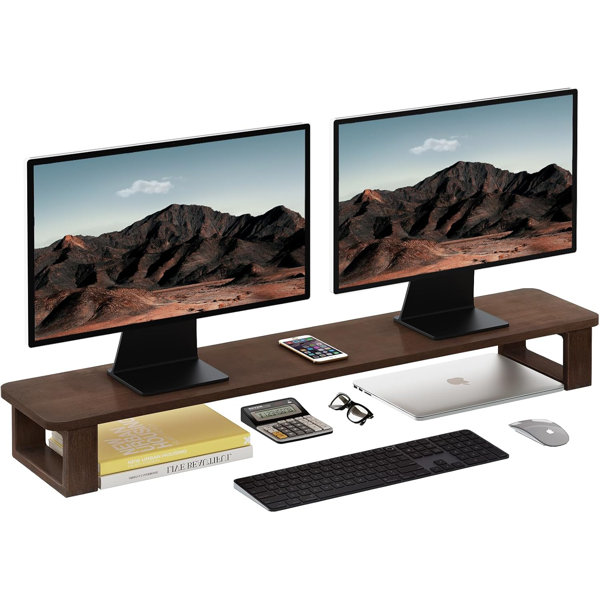 Latitude Run® Lief Dual Monitor Stand Riser 2 Heights Adjustable Wood ...