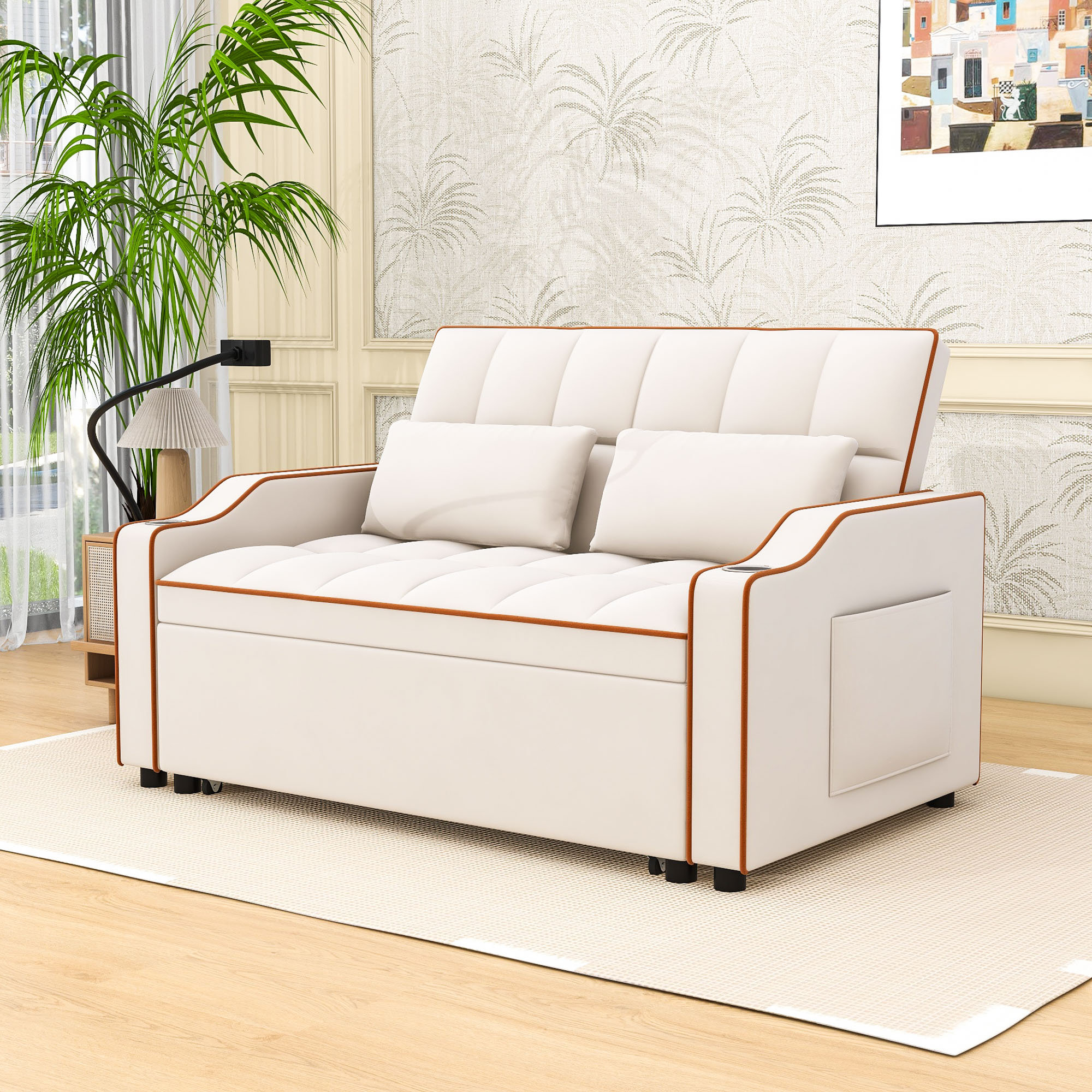 Ebern Designs Florencia Versatile Adjustable Futon Sofa Bed with USB Charging Ports, 2 Pillows ...