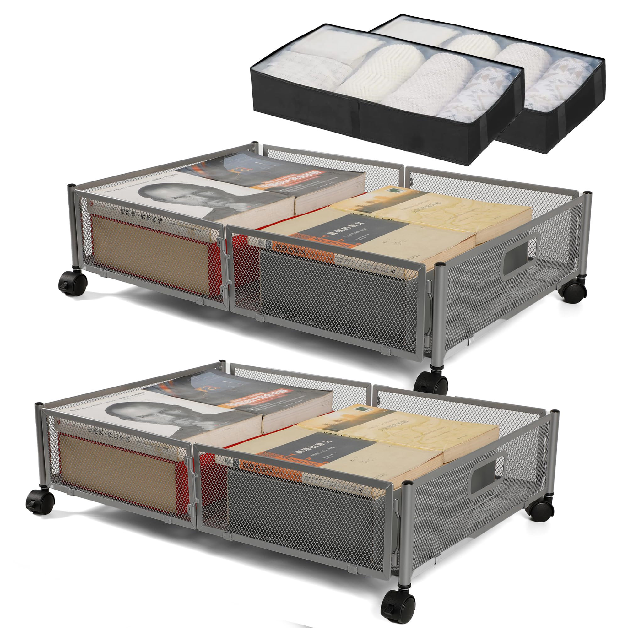 Rebrilliant 2Pcs Large Underbed Storage With Wheels - Sturdy Silver ...
