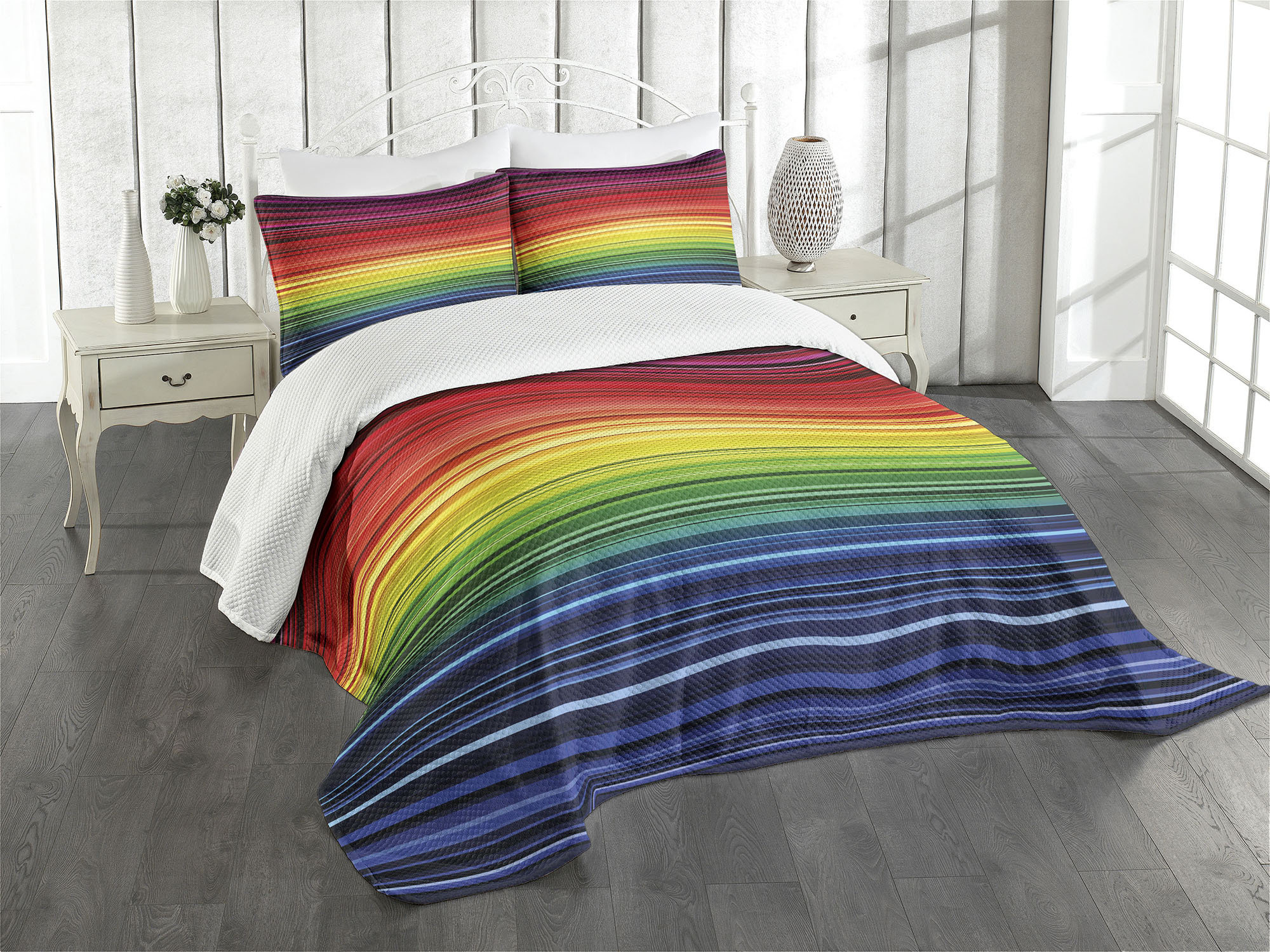 Ambesonne Abstract Bedspread Set Rainbow Stripes Neon Multicolor | Wayfair