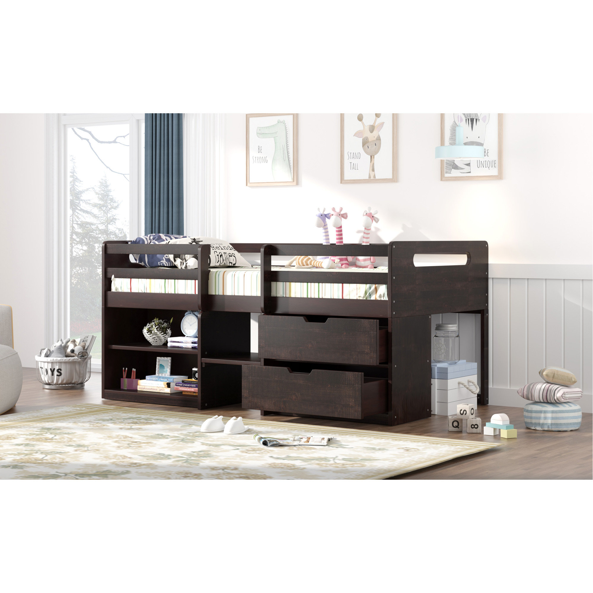 Harriet Bee Sturdy Loft Bed With Shelves And Drawers For Space ...