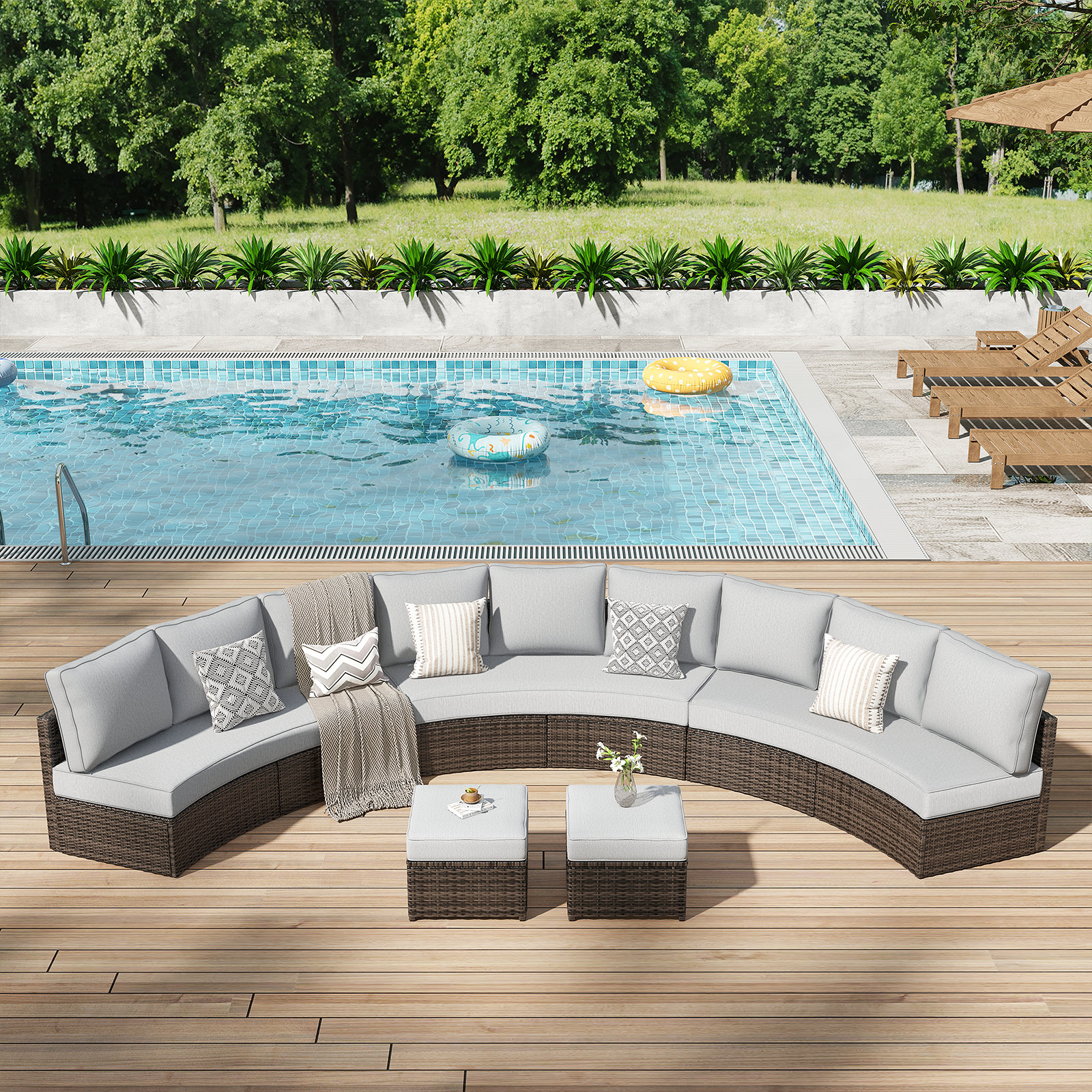 Latitude Run® 5 Piece Half Moon Rattan Sectional Seating Group with ...