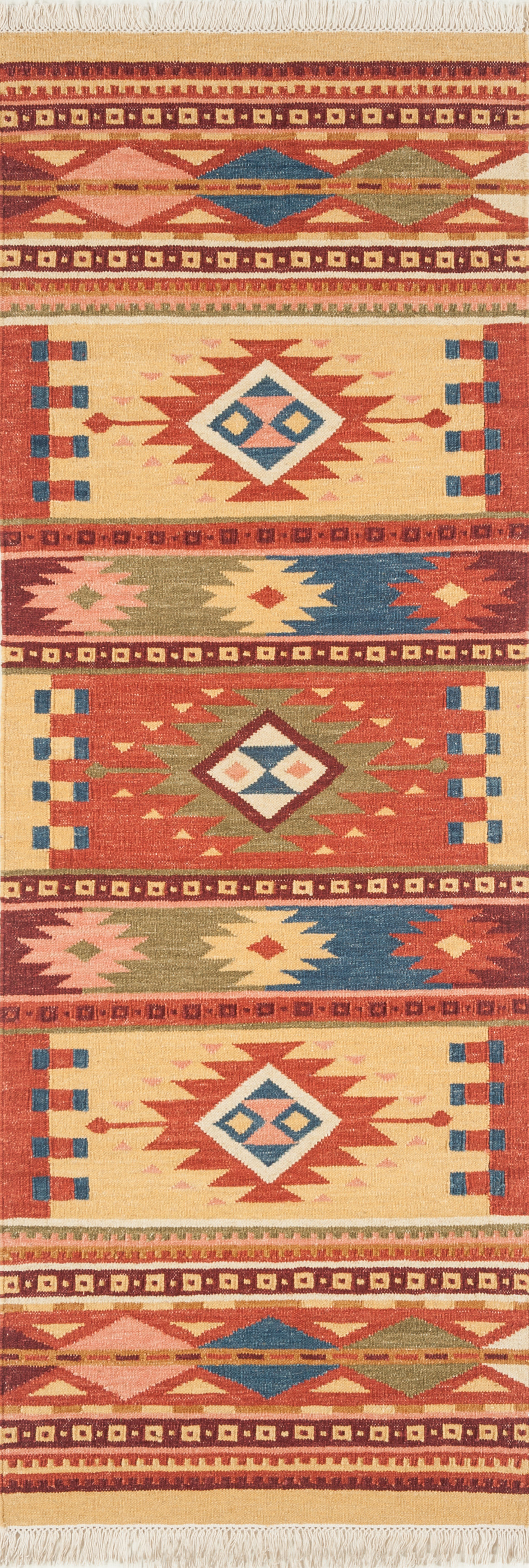 Millwood Pines Clemente Handmade Flatweave Wool Yellow/Rust/Blue Rug ...