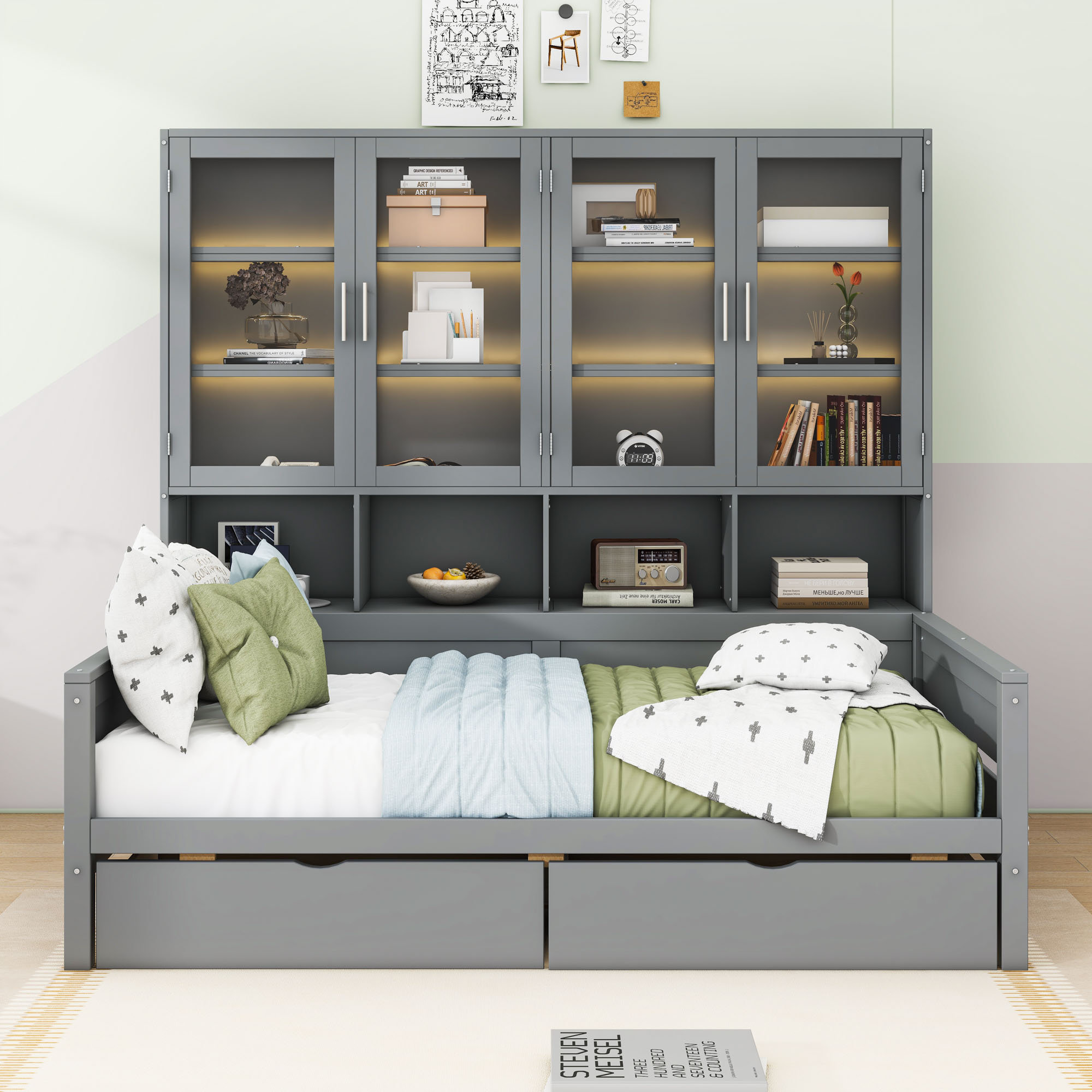 Brayden Studio Wooden Daybed with Integrated LED-Lit Glass-Door Cabinet ...