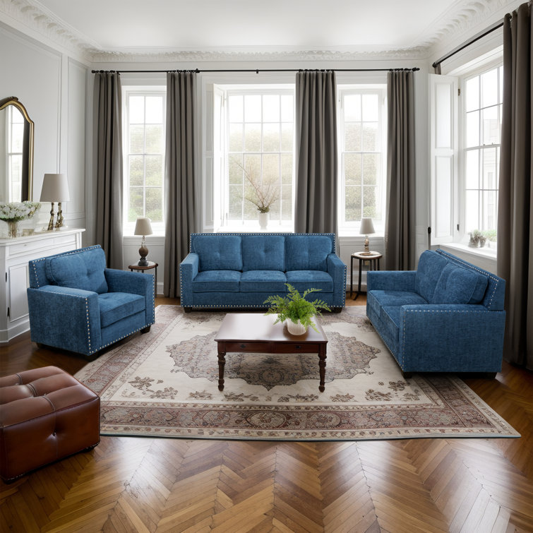Latitude Run® Kyasha 3 Piece Lake Blue Nailhead Trim Living Room Set ...