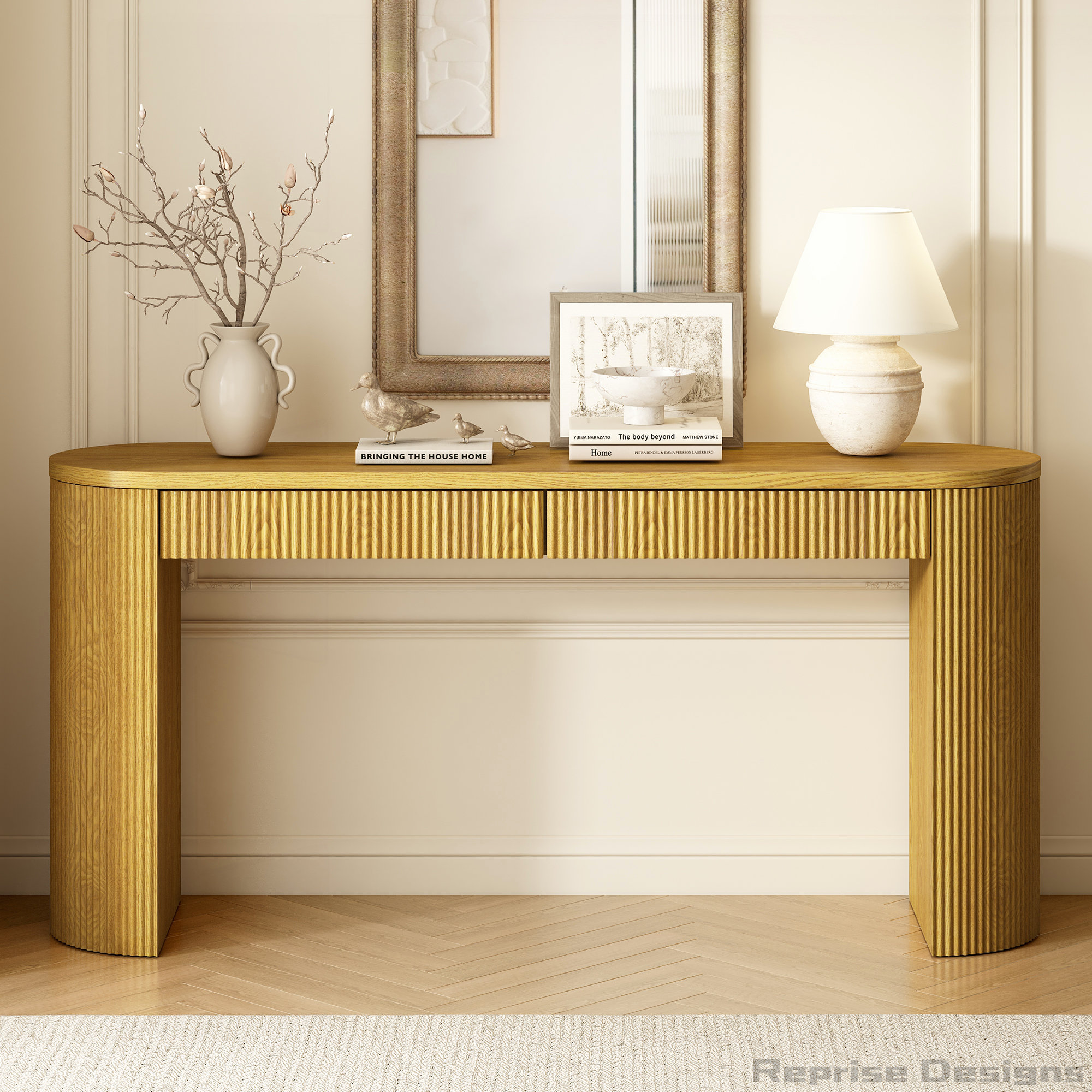Hokku Designs Console Table with Pine Veneer and Vertical Striped ...