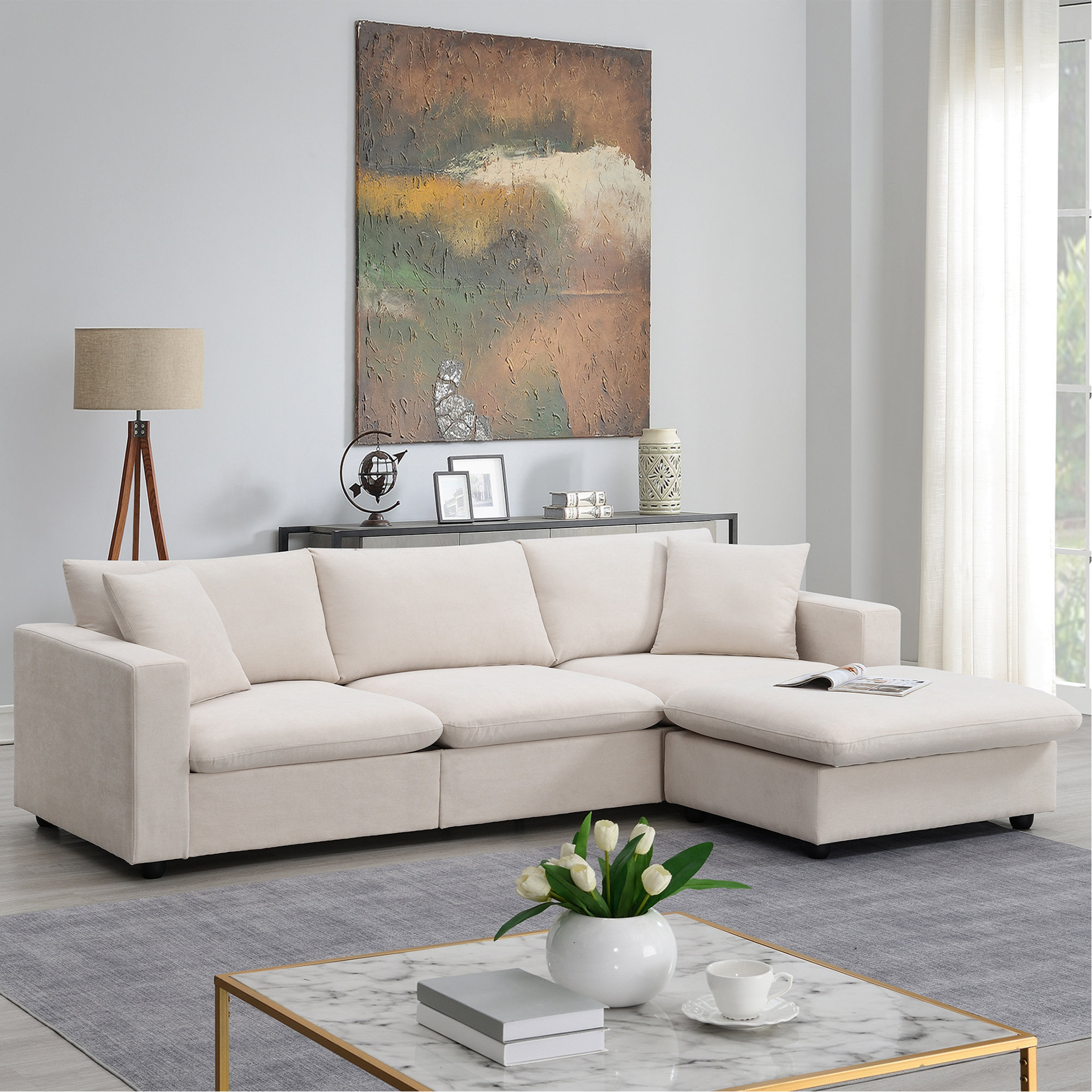 Latitude Run® Indoor Sectional Sofa With Throw Pillows, 3-Seater Couch ...