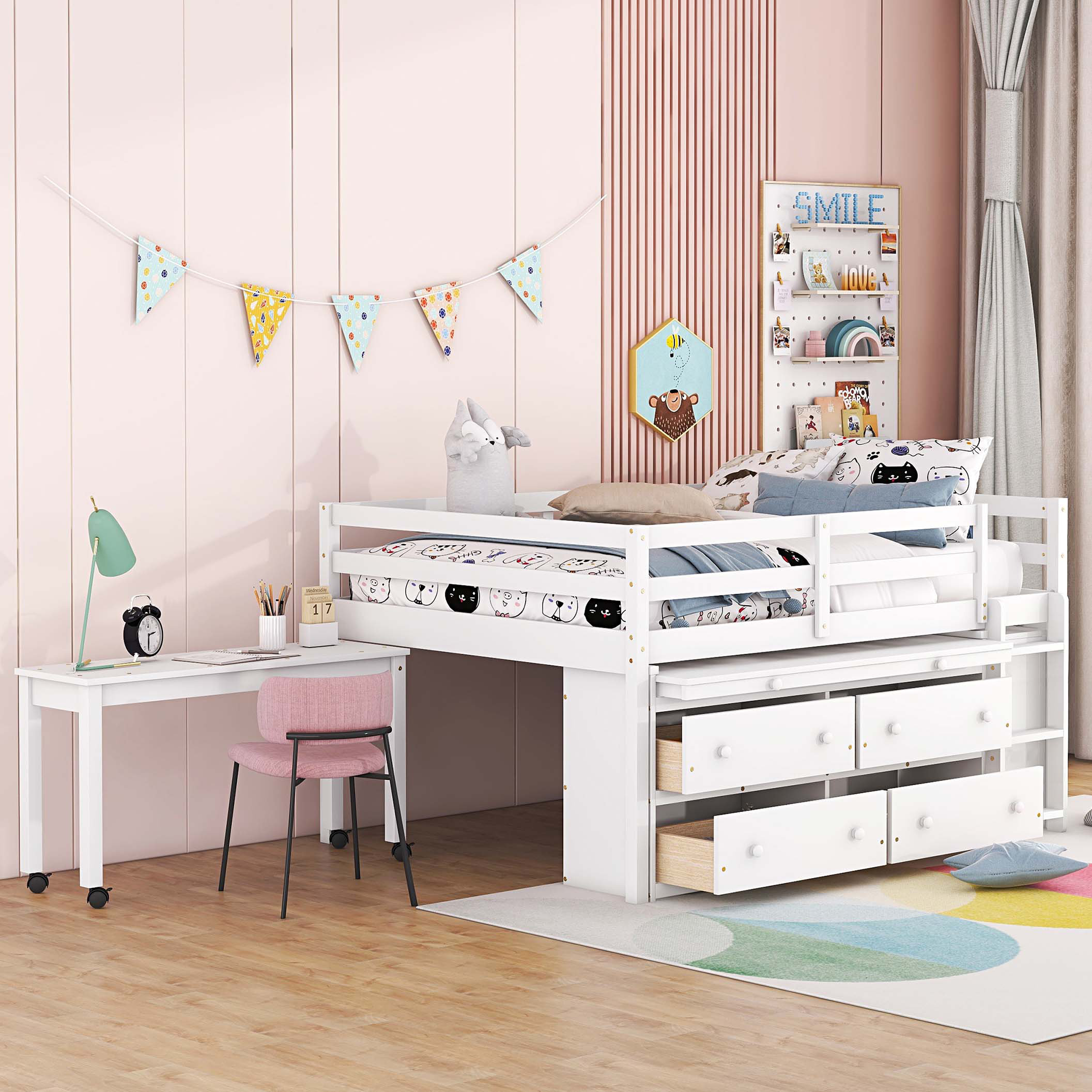 Harriet Bee Loft Bed With Retractable Writing Desk And 4 Drawers | Wayfair