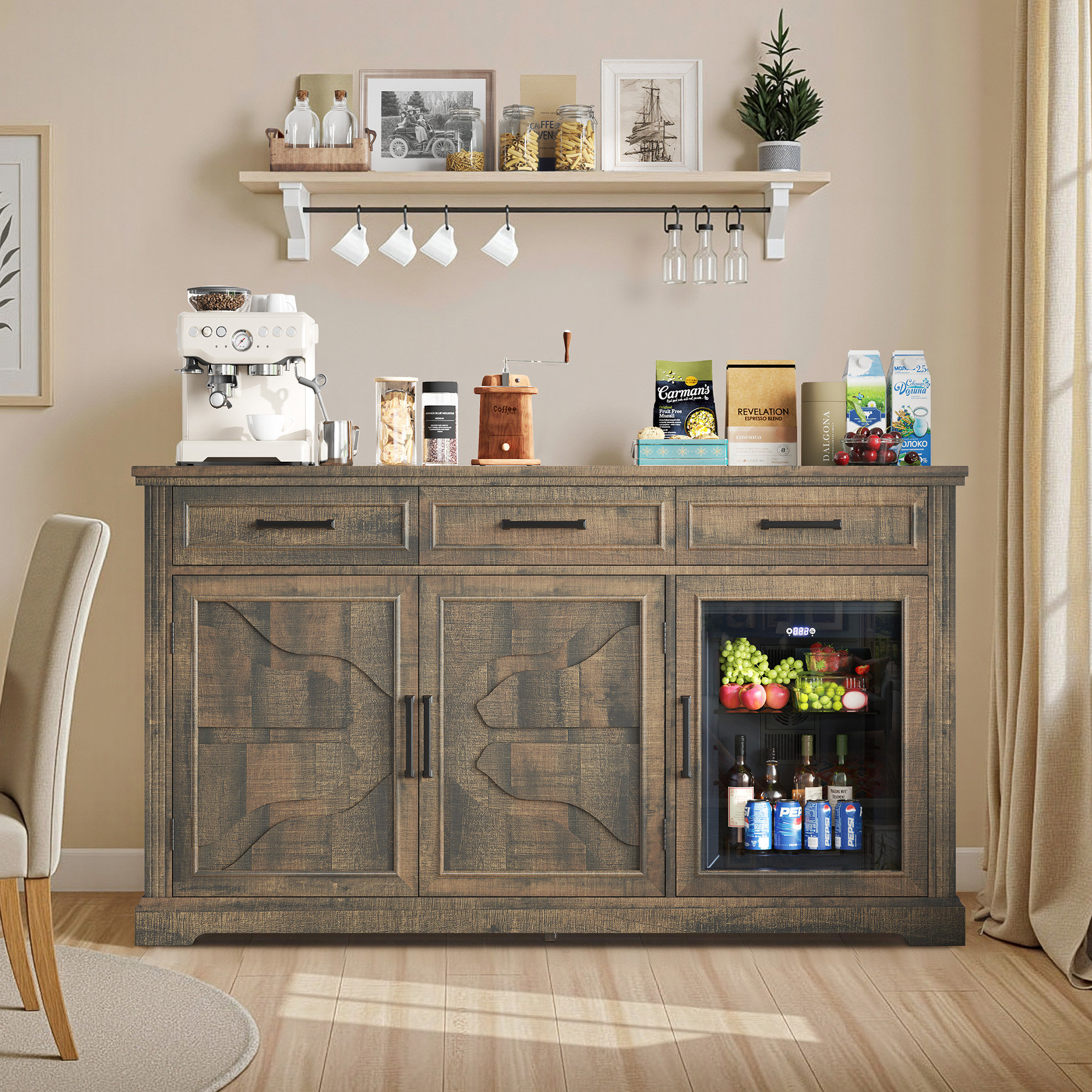 August Grove Modern Kitchen Sideboard With Built-in Mini Fridge Space ...