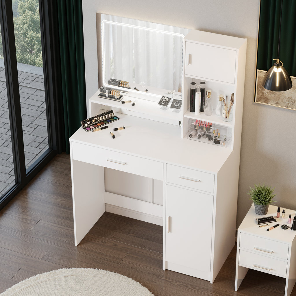 Ivy Bronx LED Makeup Vanity Desk with with Adjustable Lighting Mirror ...