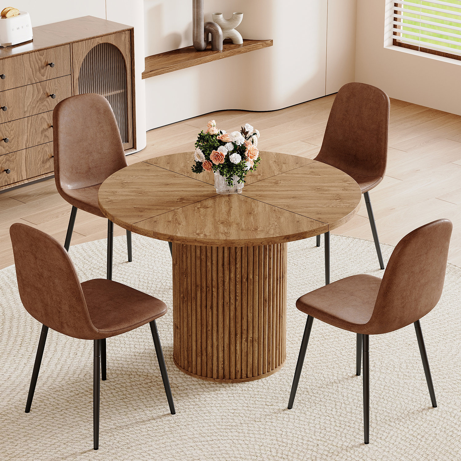 17 Stories 42"L Round Mordern Pedestal Fluted Dining Table Set For 4-6 ...