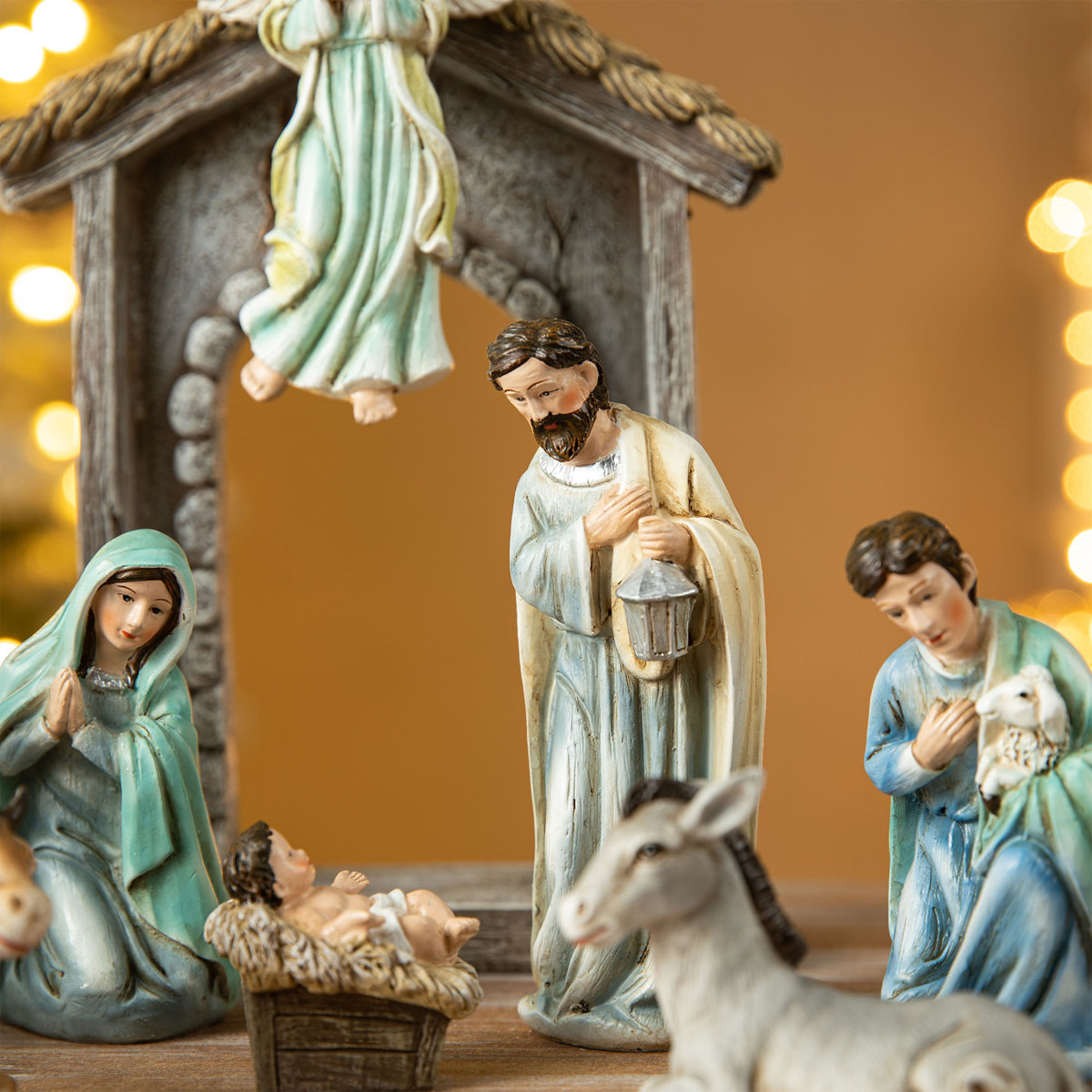 The Holiday Aisle® 11 Piece Deluxe Blue Resin Nativity Figurine Set ...